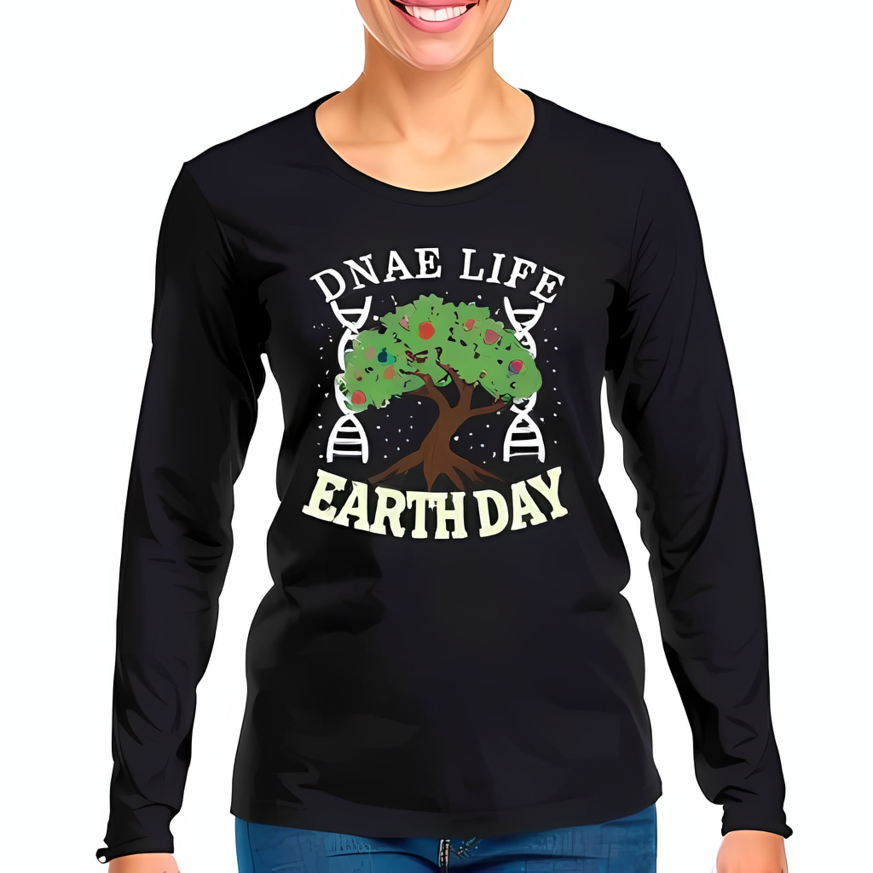Earth Day Long Sleeve T-Shirt - Black Tee with Fruit Tree & DNA Strands ...