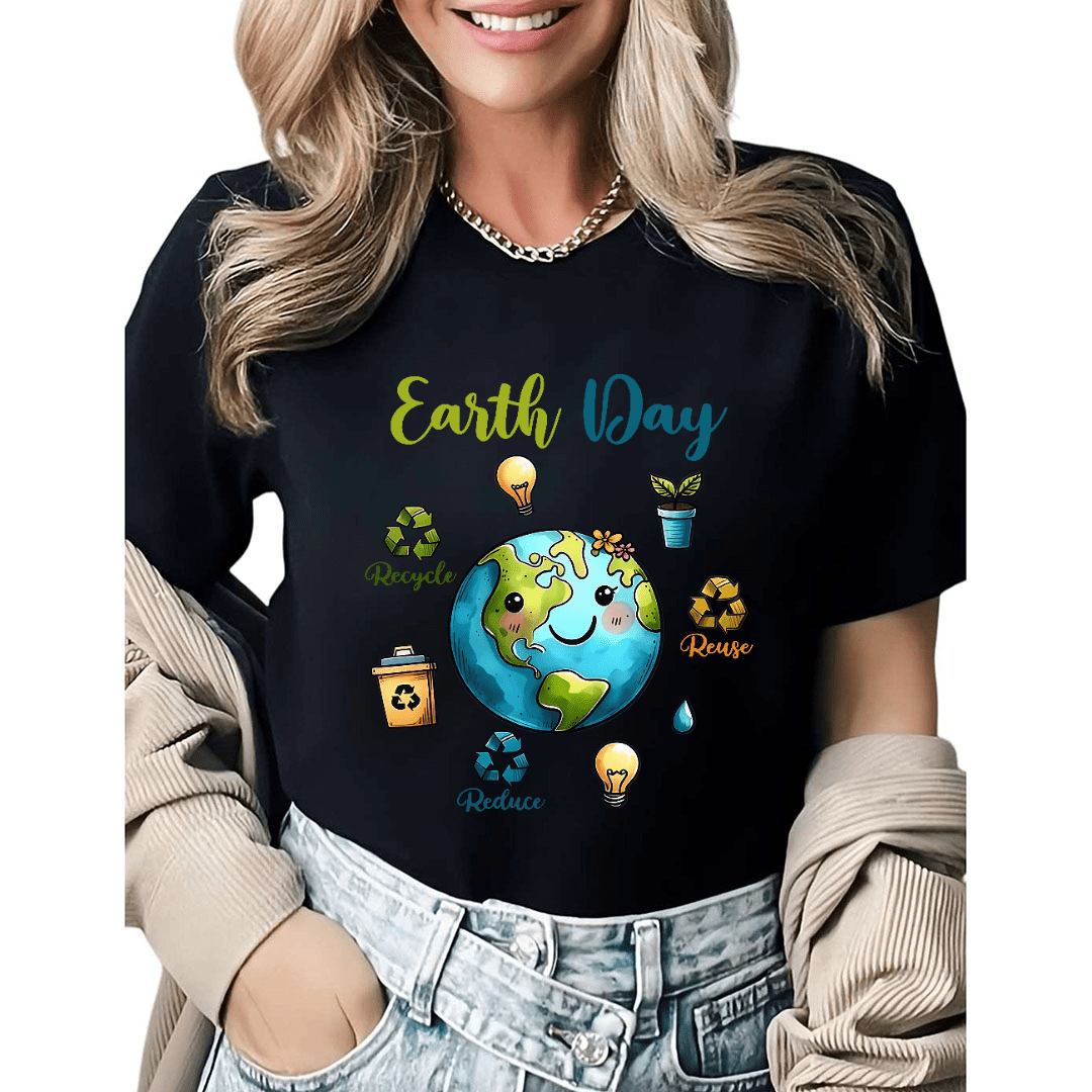 Earth Day Reduce Reuse Recycle Cute Earth Graphic Tees Womans Tshirt ...