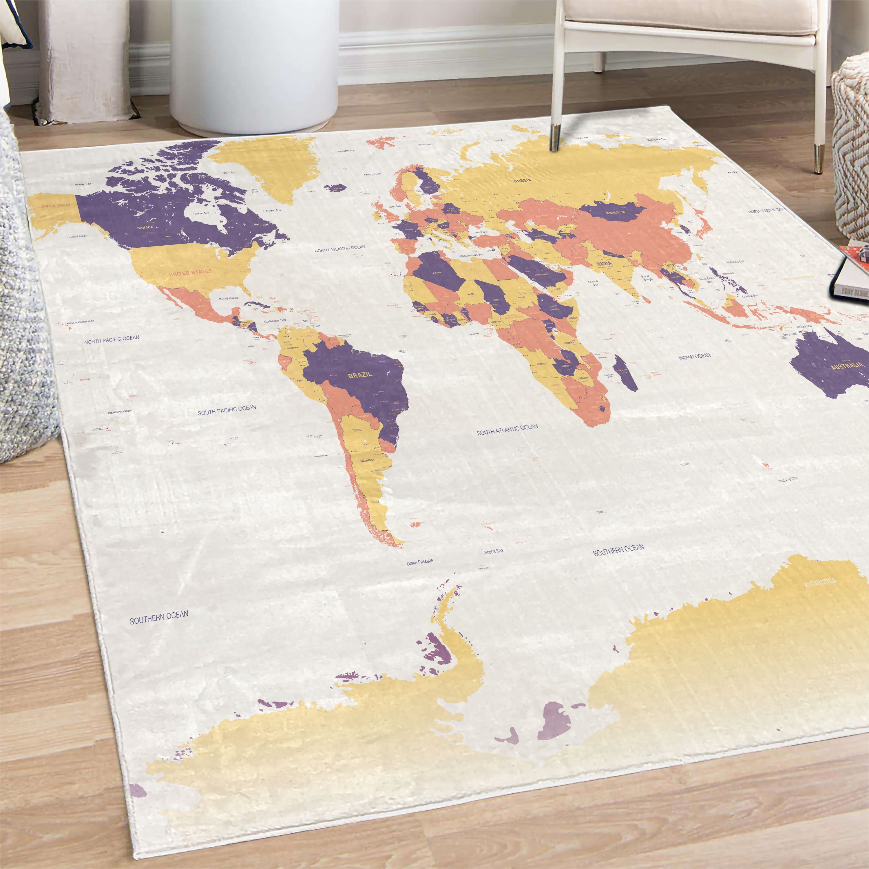 Earth Decorative Rug, Detailed World Map with All Countries Major ...