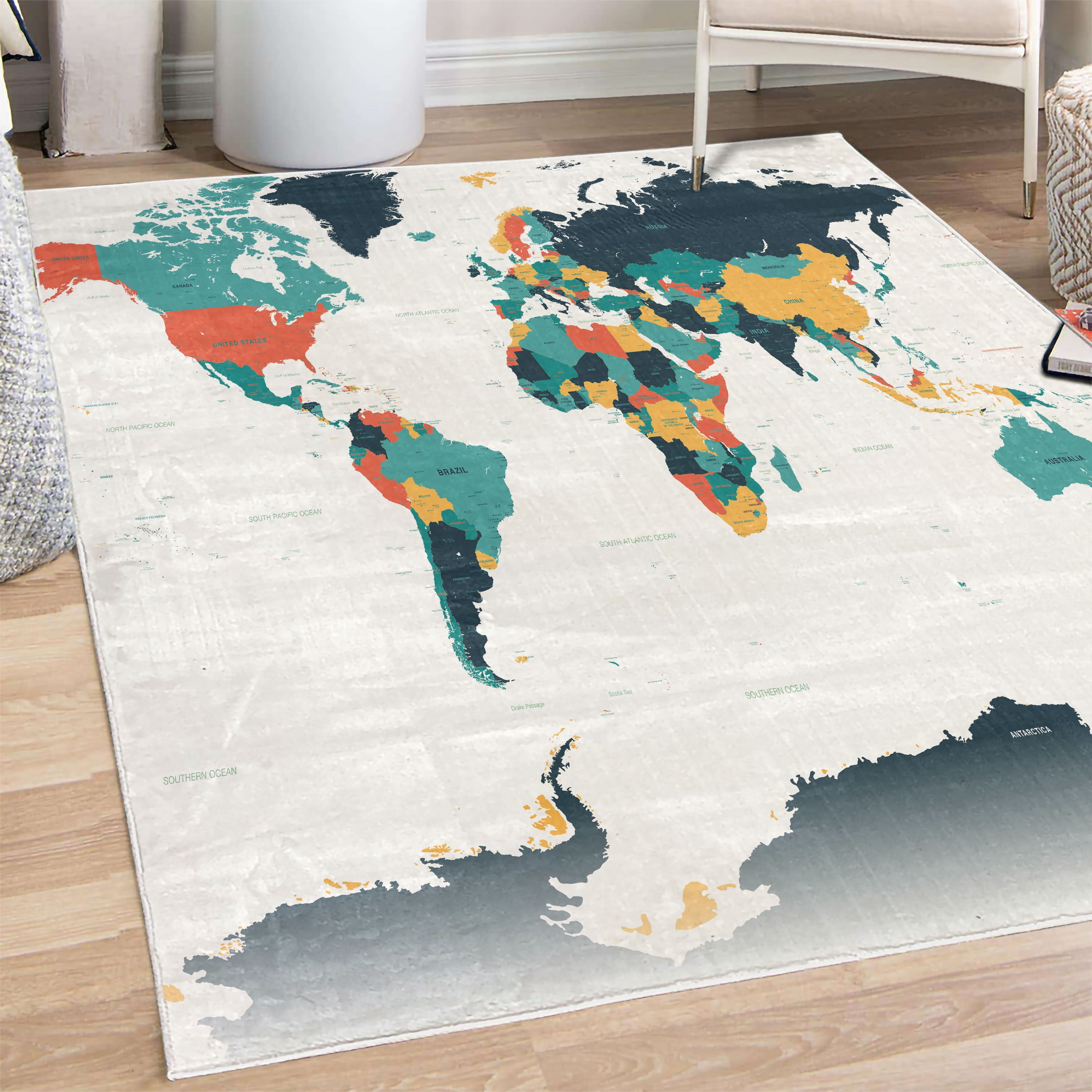 Earth Decorative Rug, Detailed World Map with All Countries Major ...