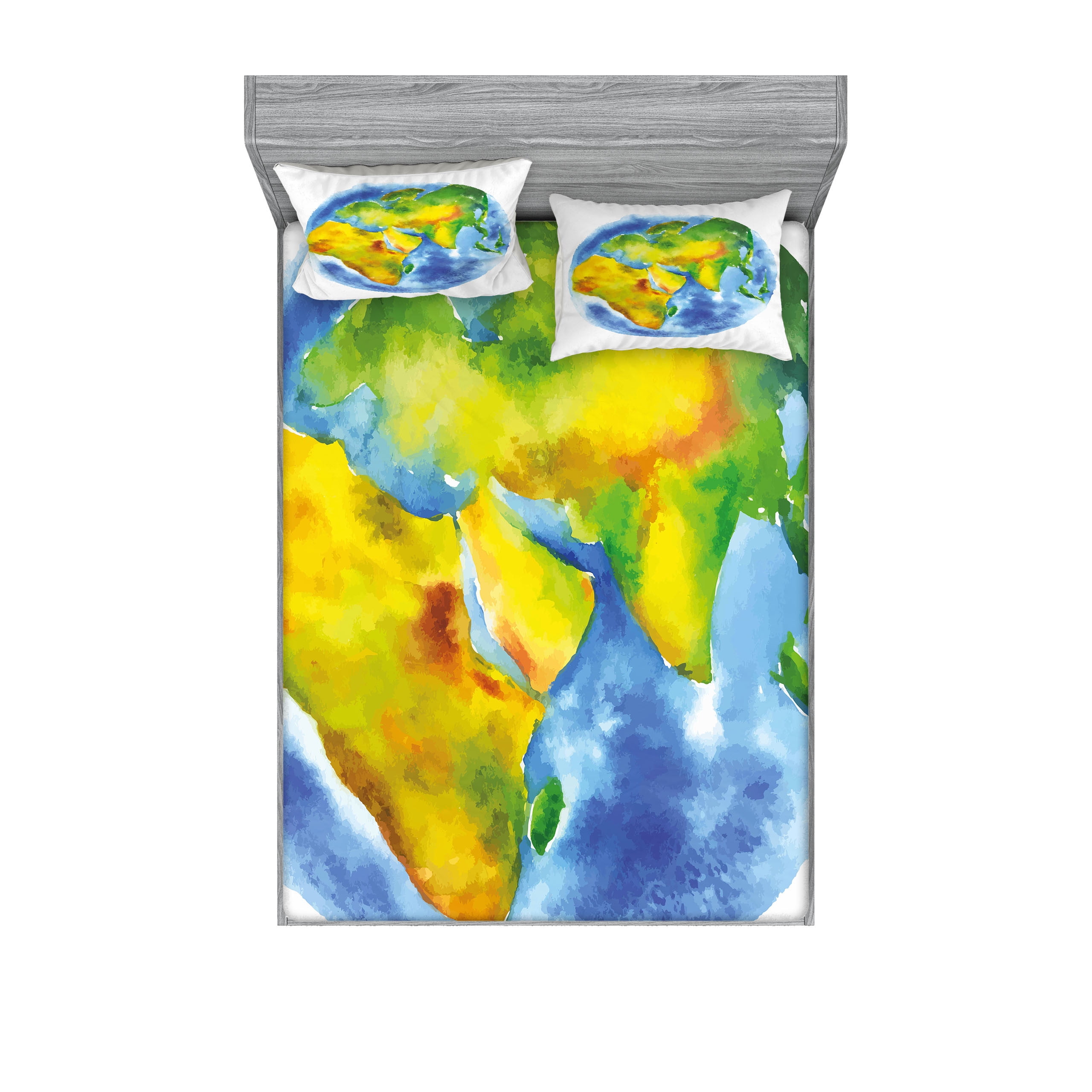 Earth Fitted Sheet & Pillow Sham Set, Globe of Earth Painted in ...
