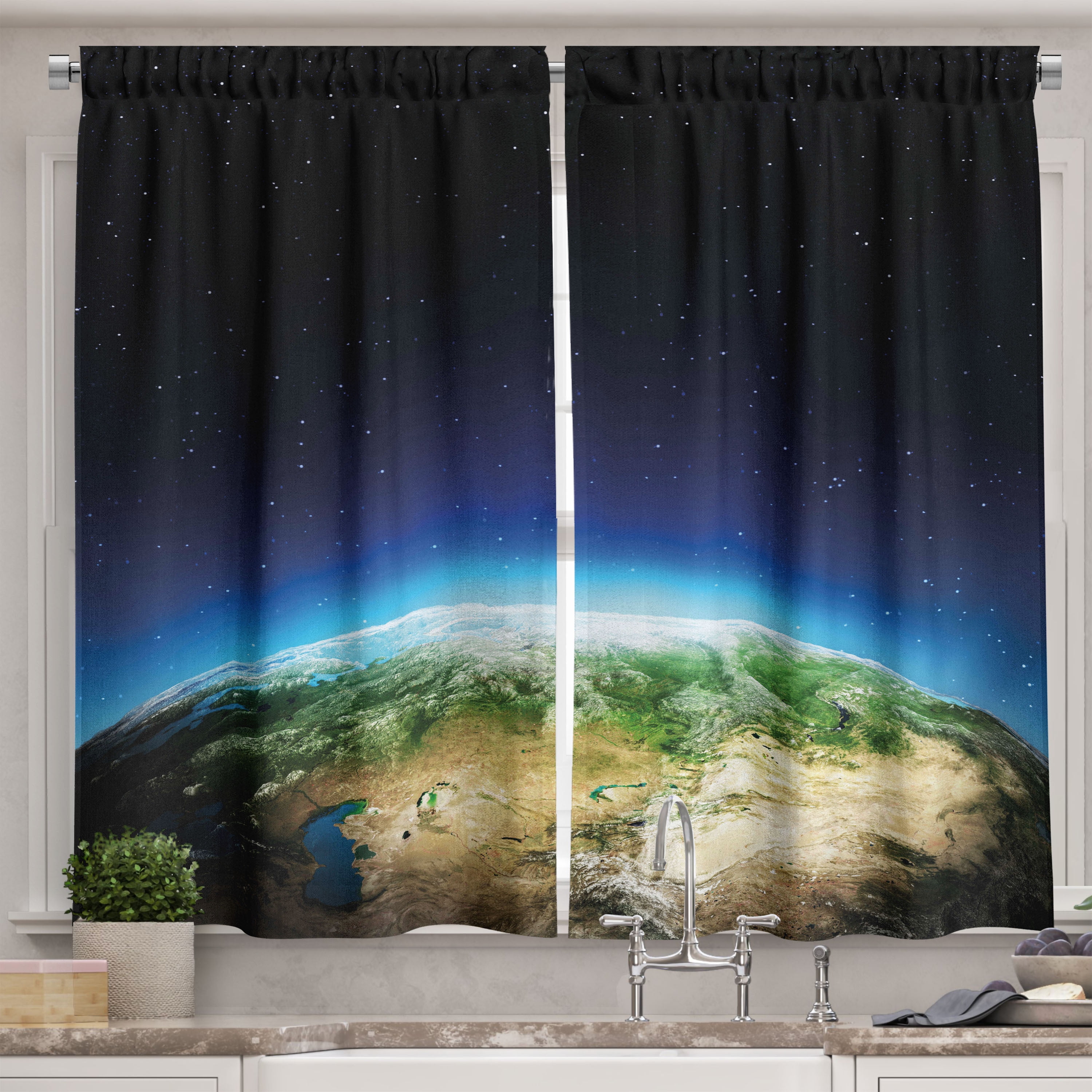 Earth Kitchen Curtains, Russia from the Space Starry Night Sky Vivid ...