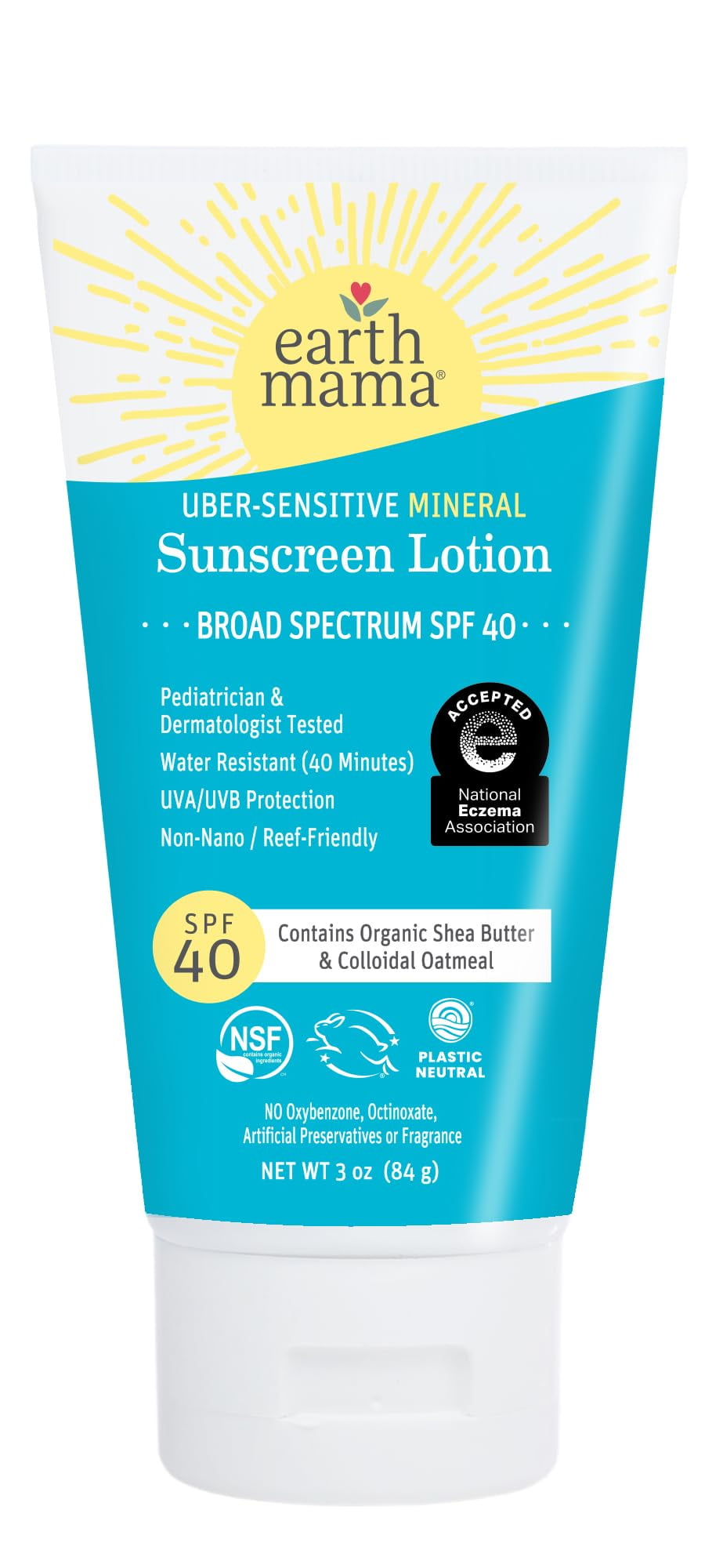 Earth Mama Uber-Sensitive Mineral DMF15 Sunscreen Lotion SPF 40 | Reef Safe, Non-Nano Zinc ...
