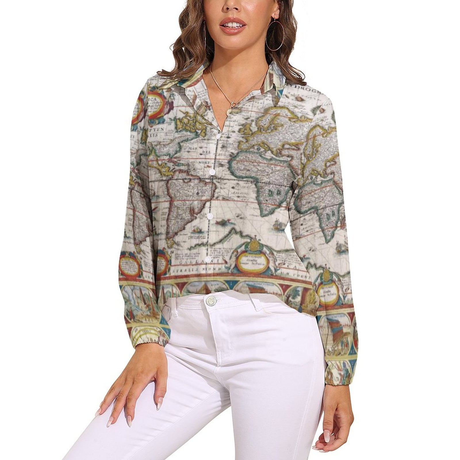 Earth Map Blouse Vintage Map of The World Kawaii Printed Blouses Women ...