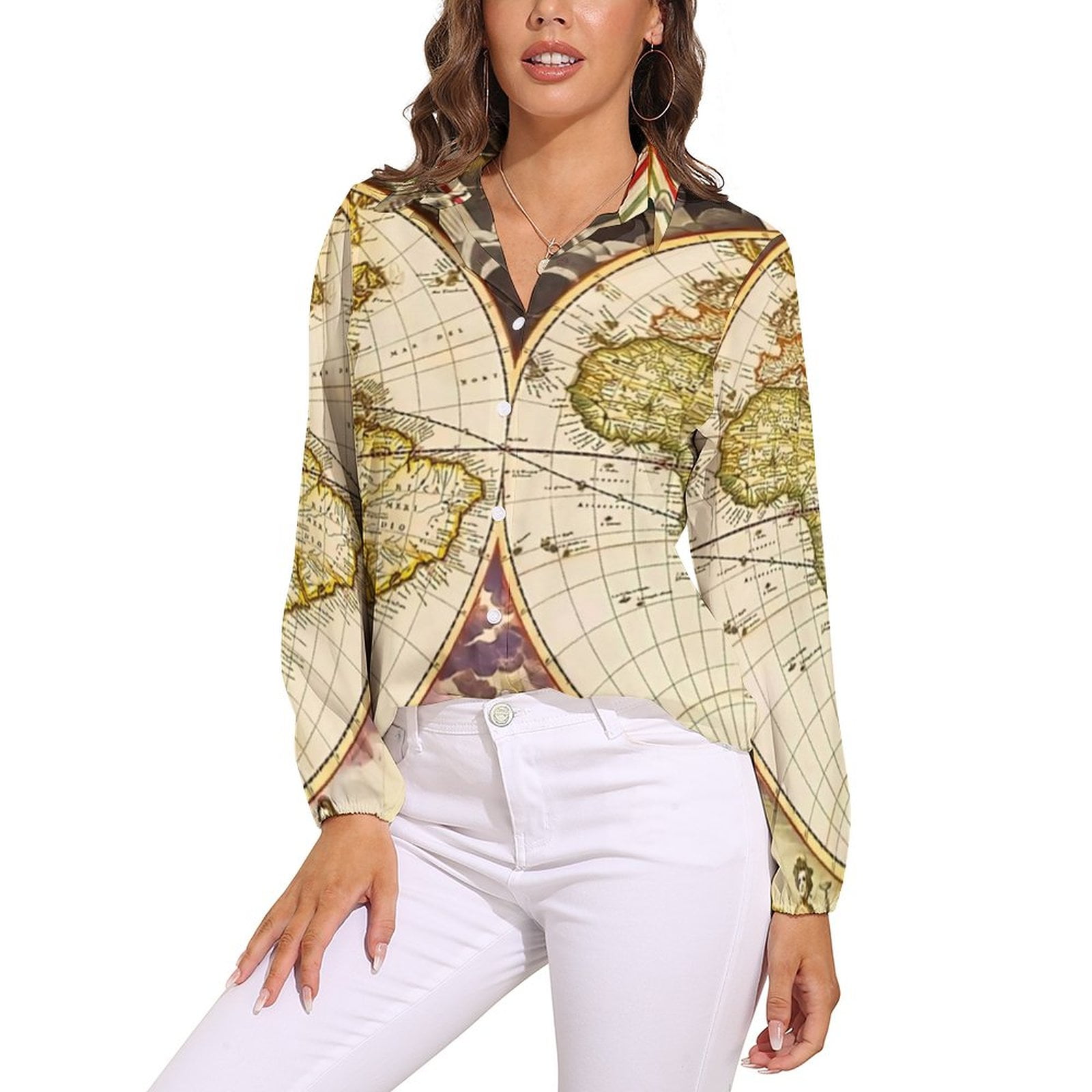 Earth Map Blouse Vintage Map of The World Kawaii Printed Blouses Women ...