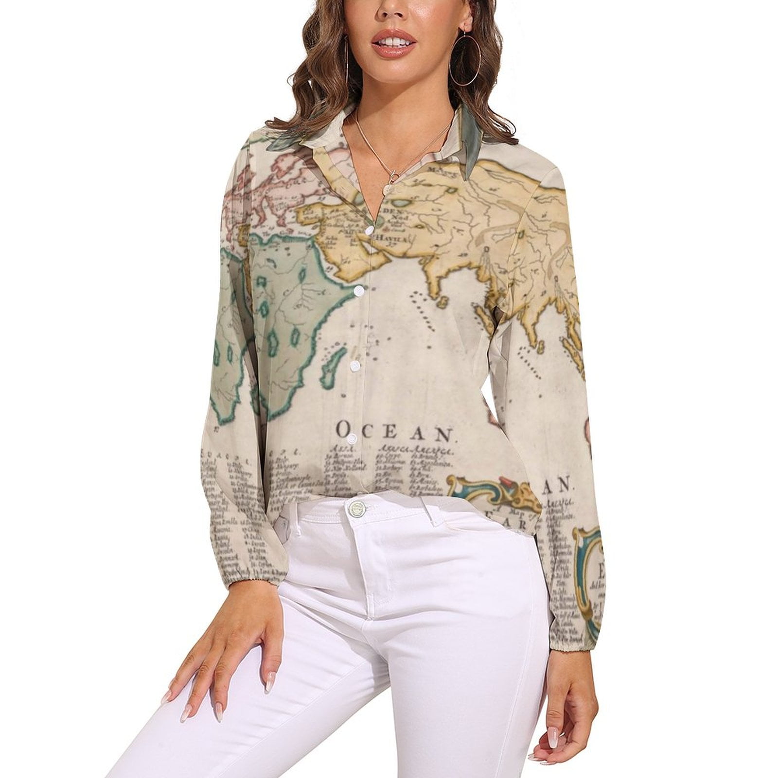 Earth Map Blouse Vintage Map of The World Kawaii Printed Blouses Women ...