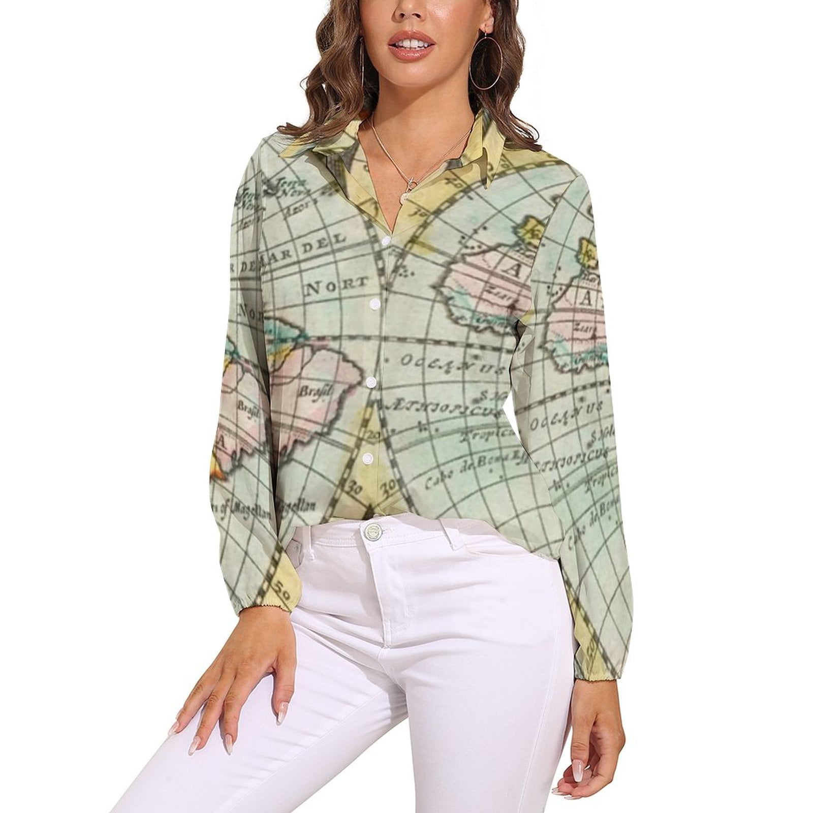Earth Map Blouse Vintage Map of The World Kawaii Printed Blouses Women ...