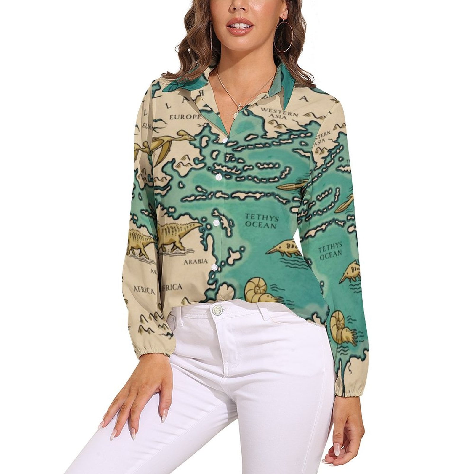 Earth Map Blouse Vintage Map of The World Kawaii Printed Blouses Women ...