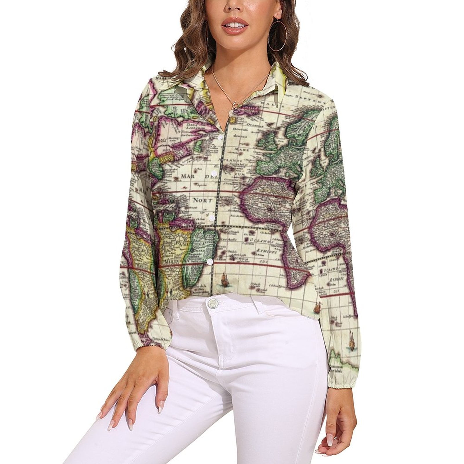 Earth Map Blouse Vintage Map of The World Kawaii Printed Blouses Women ...