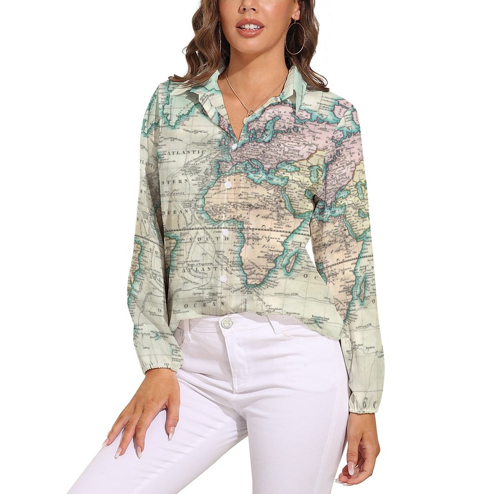 Earth Map Blouse Vintage Map of The World Kawaii Printed Blouses Women ...