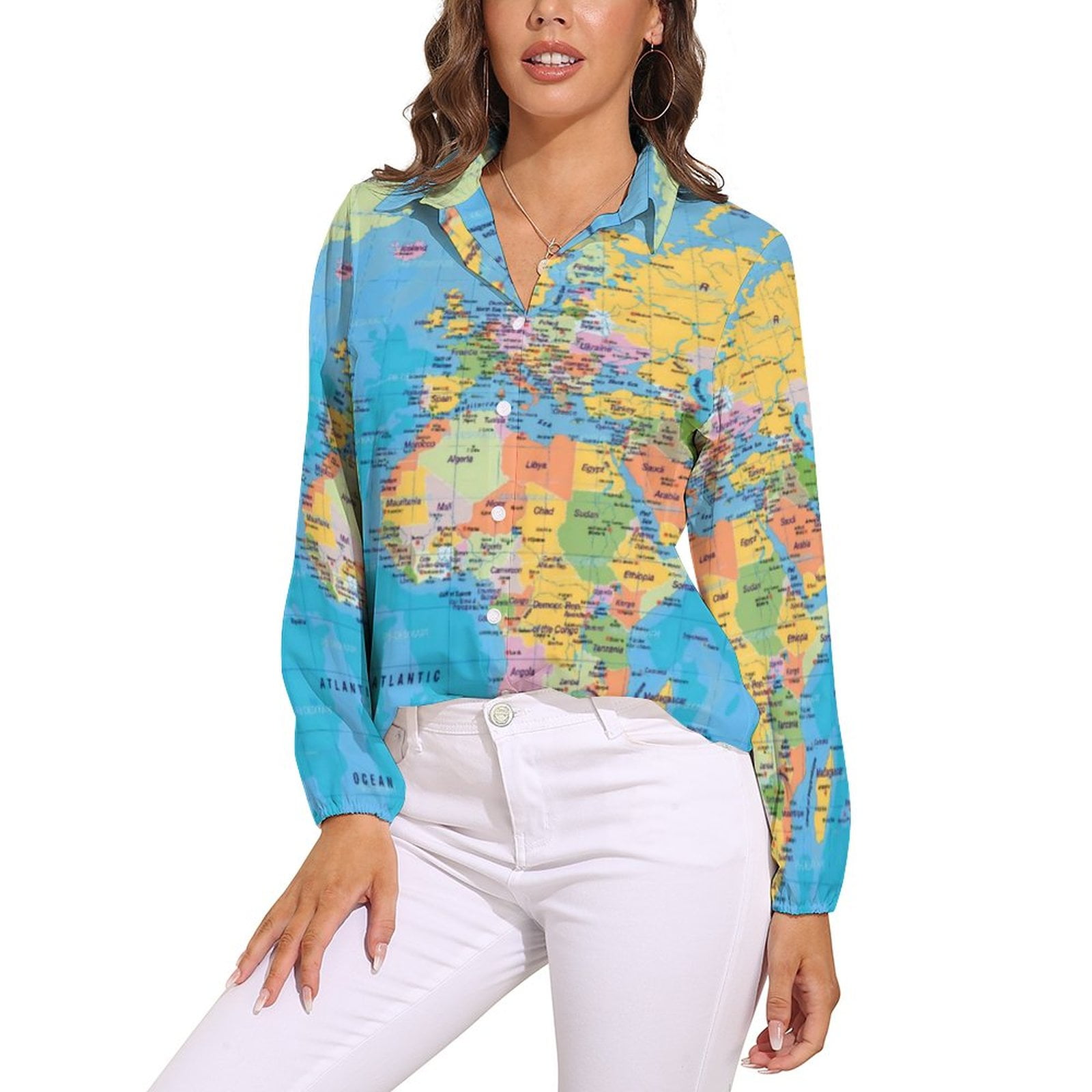 Earth Map Blouse Vintage Map of The World Kawaii Printed Blouses Women ...