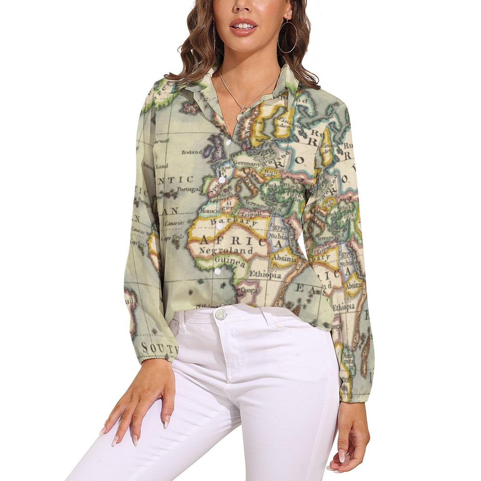 Earth Map Blouse Vintage Map of The World Kawaii Printed Blouses Women ...