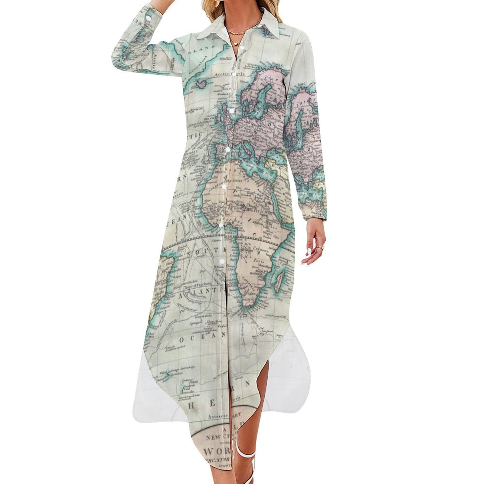 Earth Map Casual Dress Map of The World Stylish Dresses V Neck Cute ...