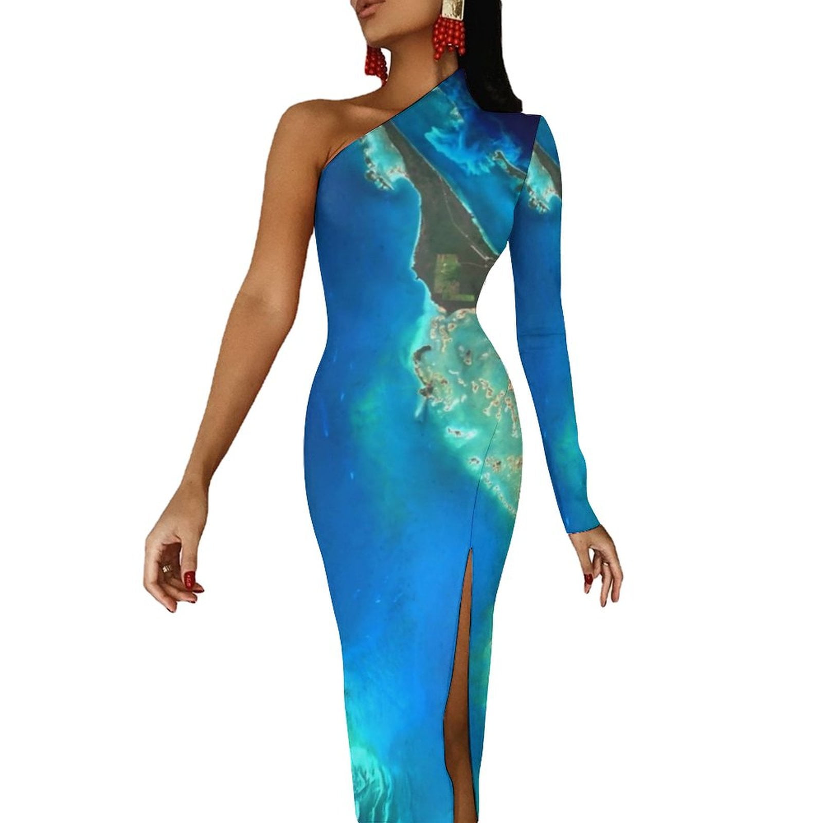 Earth Map Maxi Dress One Shoulder World Maps Print Party Bodycon ...