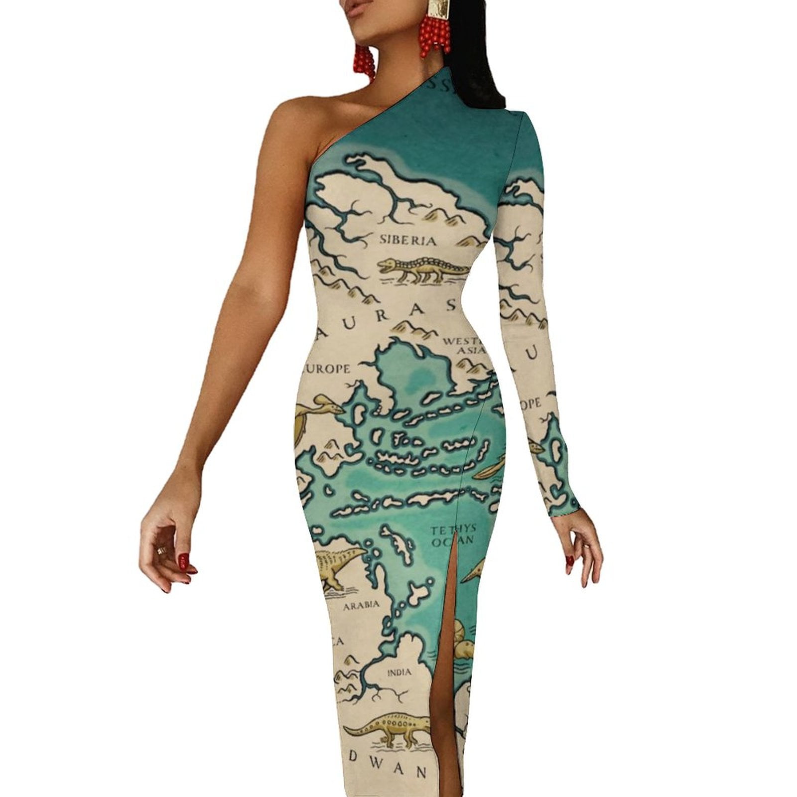 Earth Map Maxi Dress One Shoulder World Maps Print Party Bodycon ...