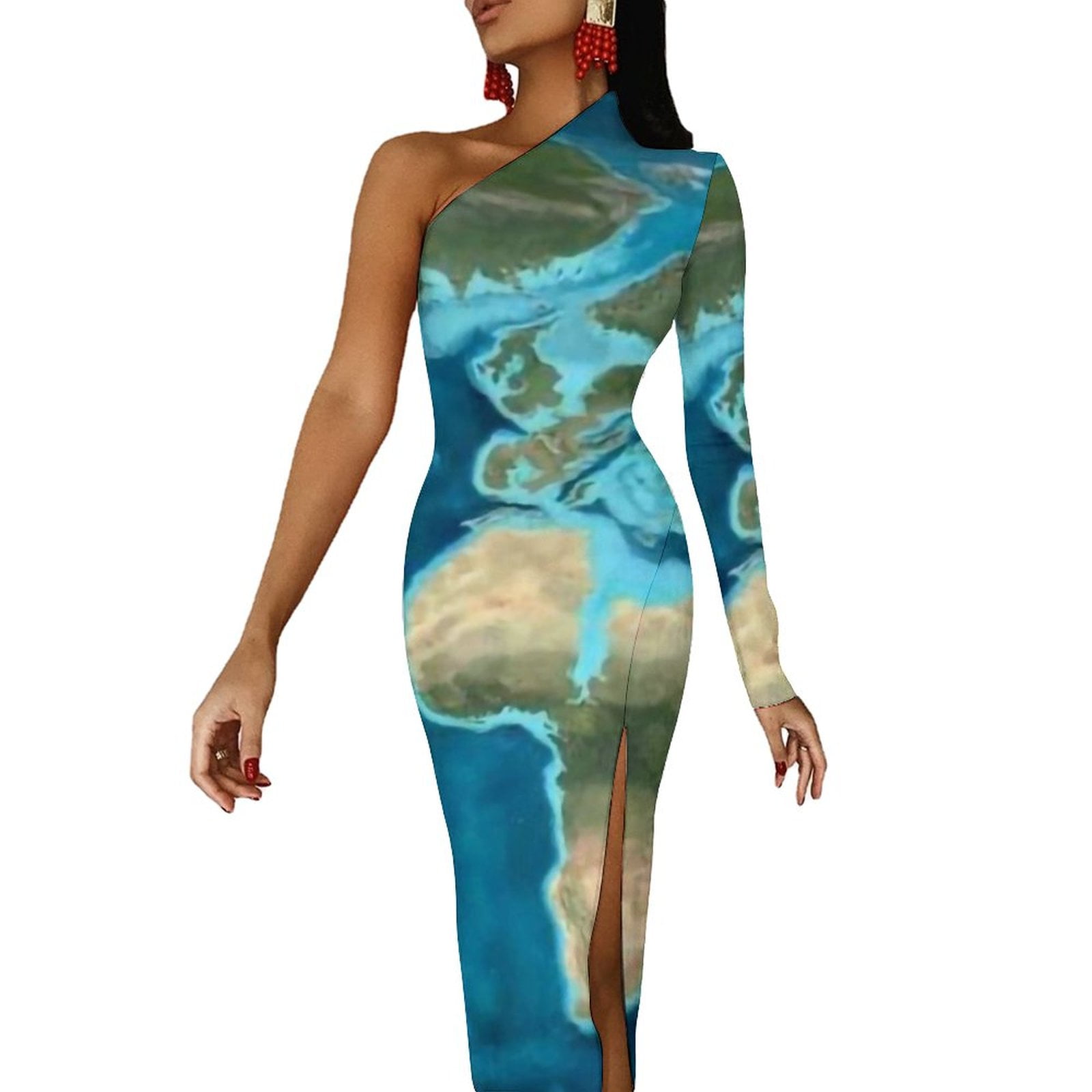 Earth Map Maxi Dress One Shoulder World Maps Print Party Bodycon ...