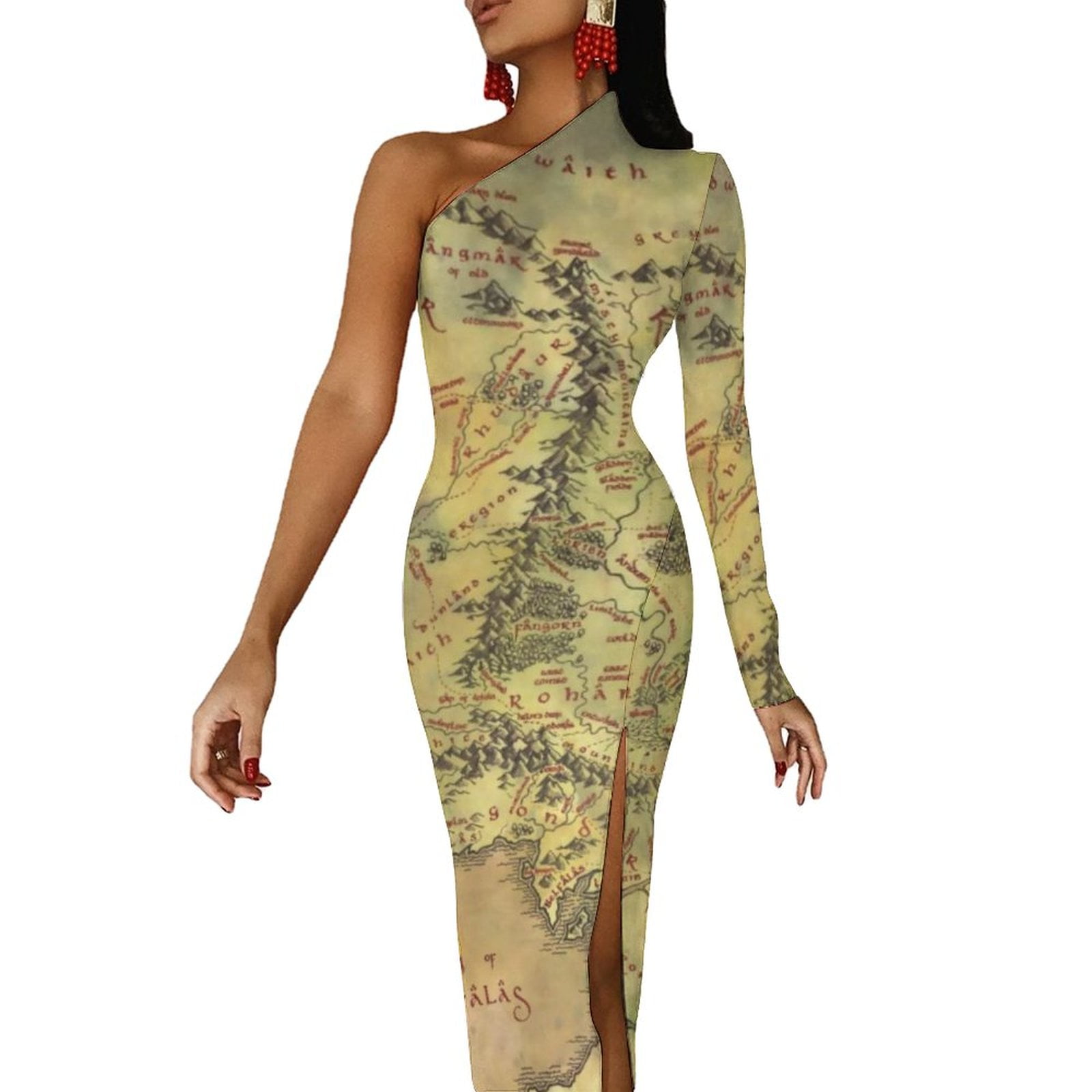Earth Map Maxi Dress One Shoulder World Maps Print Party Bodycon ...