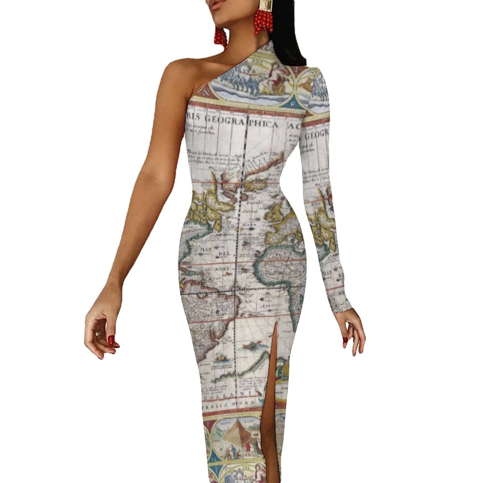 Earth Map Maxi Dress One Shoulder World Maps Print Party Bodycon ...