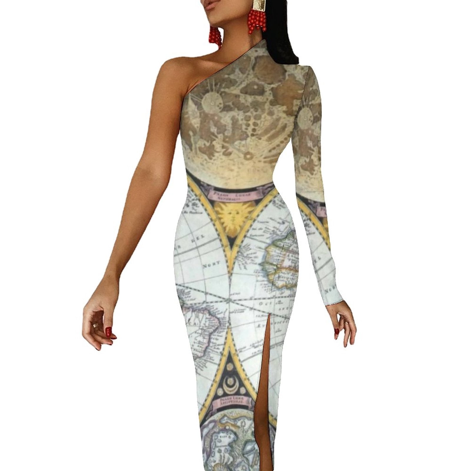 Earth Map Maxi Dress One Shoulder World Maps Print Party Bodycon ...