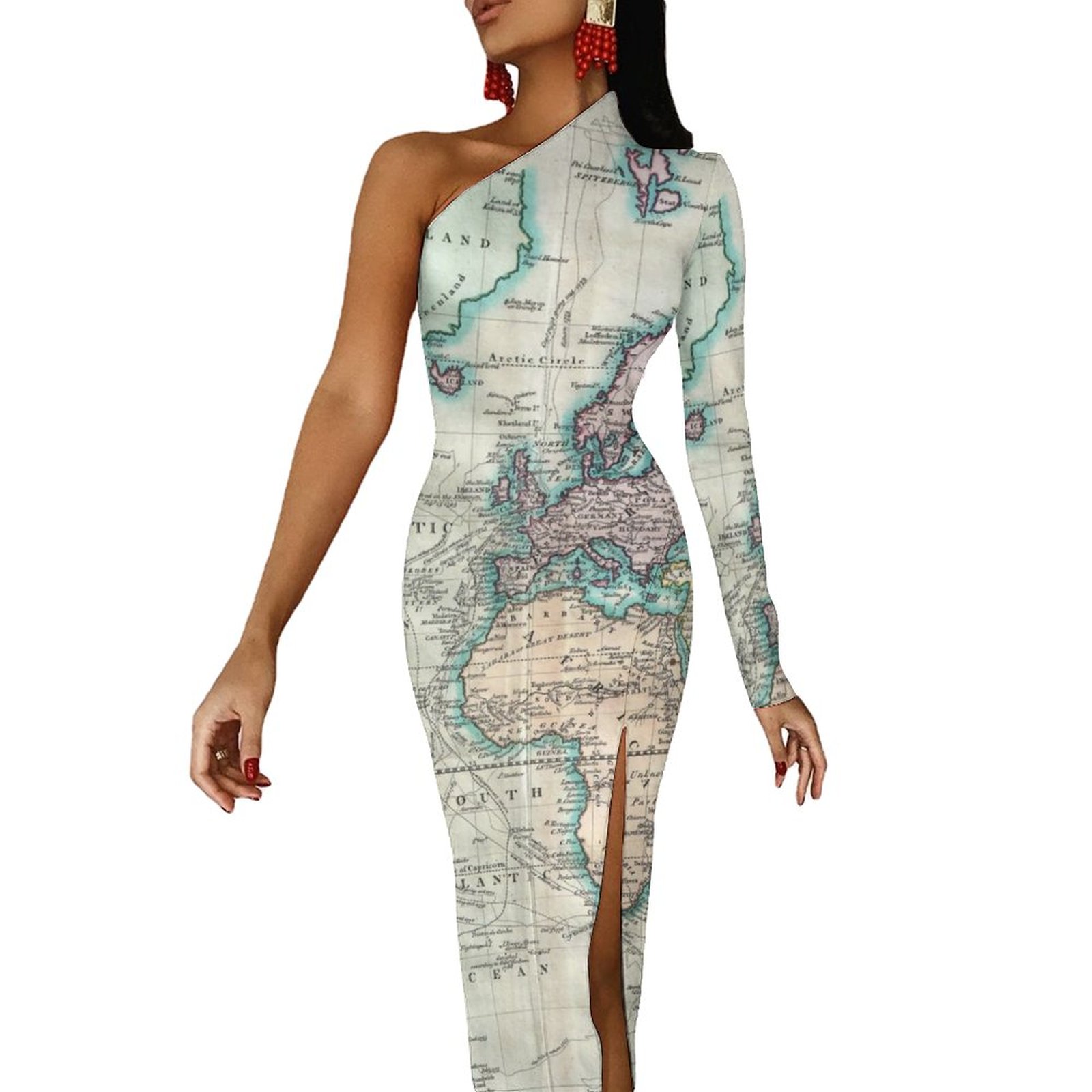 Earth Map Maxi Dress One Shoulder World Maps Print Party Bodycon ...