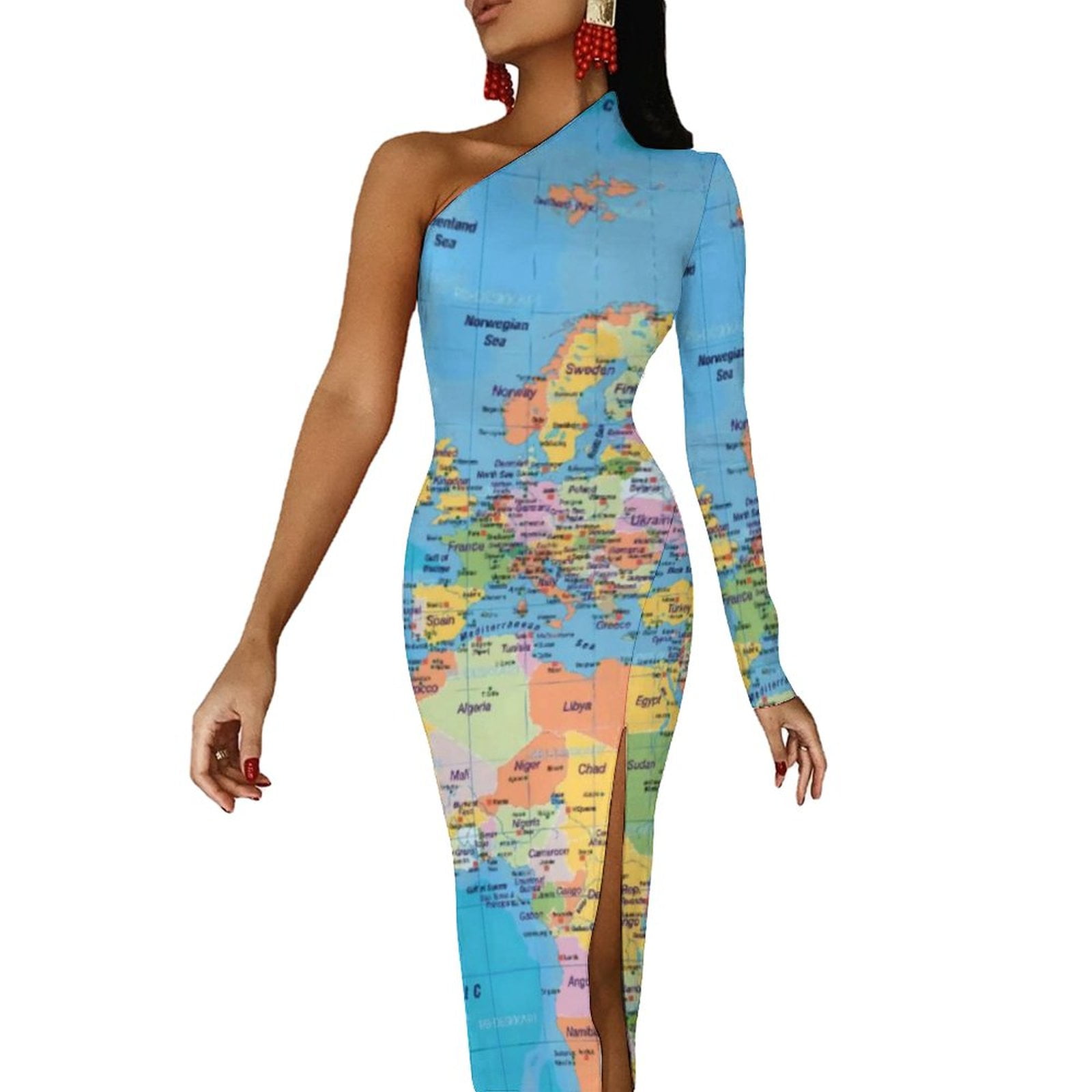 Earth Map Maxi Dress One Shoulder World Maps Print Party Bodycon ...