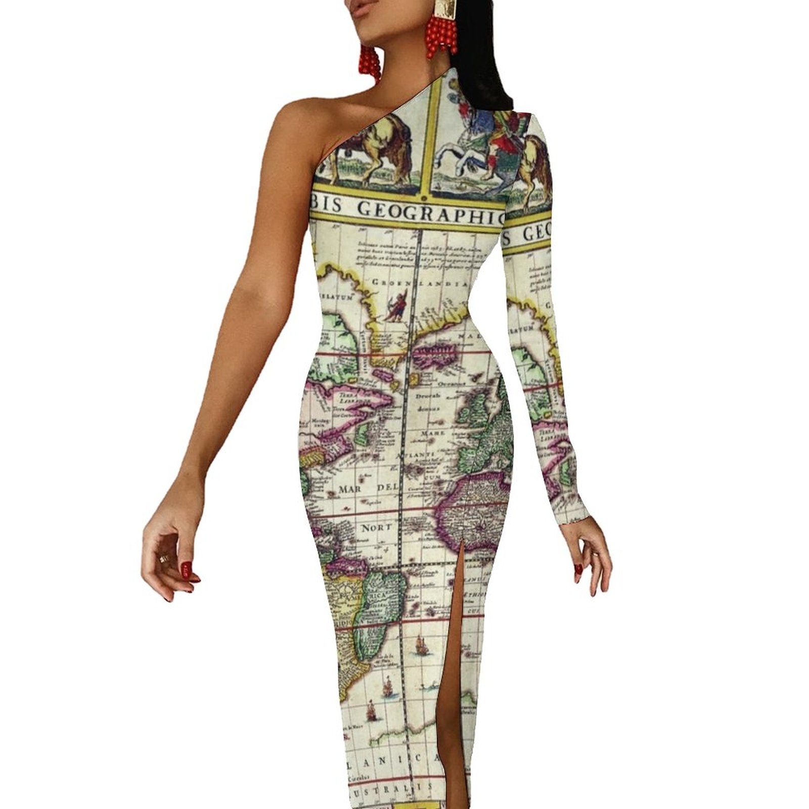 Earth Map Maxi Dress One Shoulder World Maps Print Party Bodycon ...