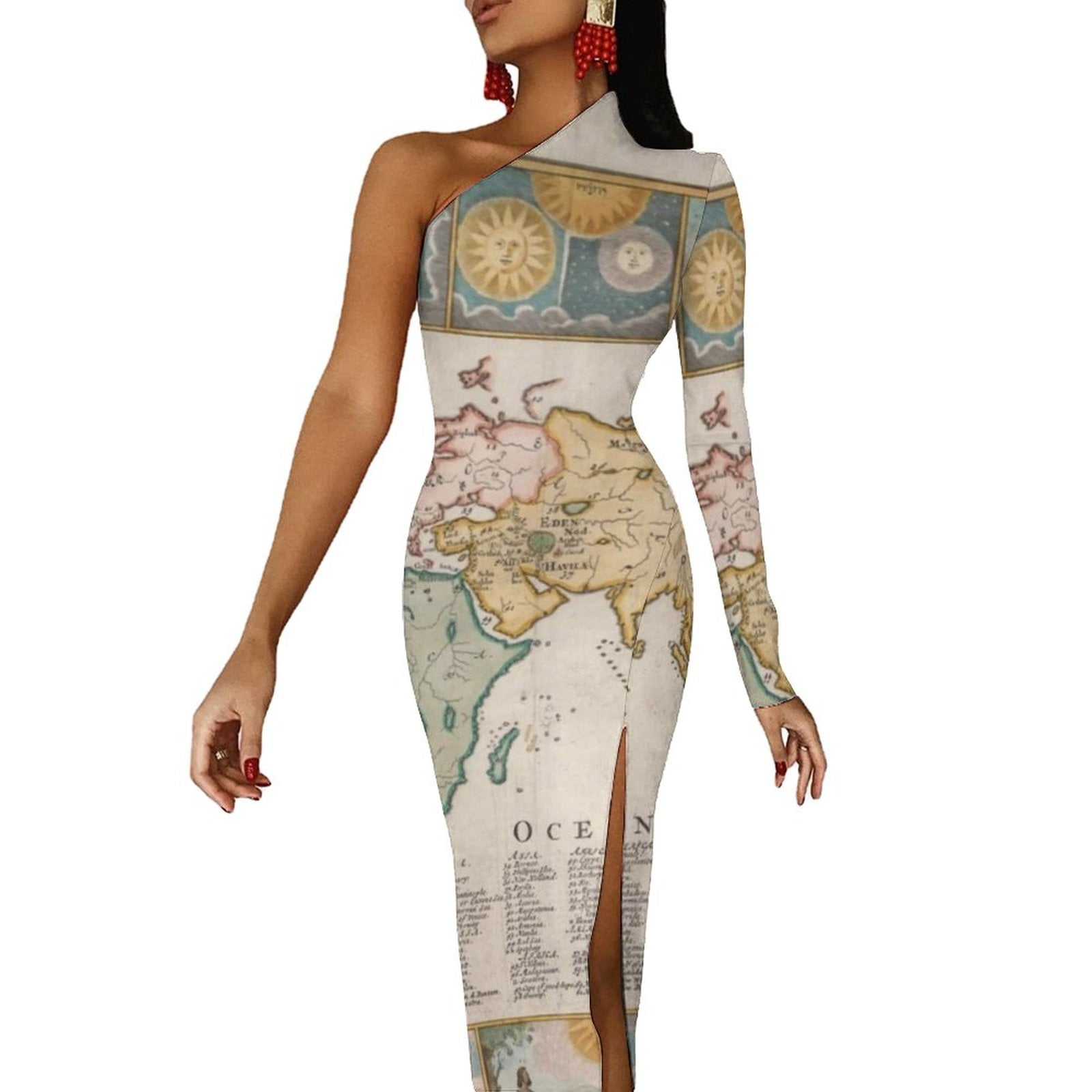 Earth Map Maxi Dress One Shoulder World Maps Print Party Bodycon ...