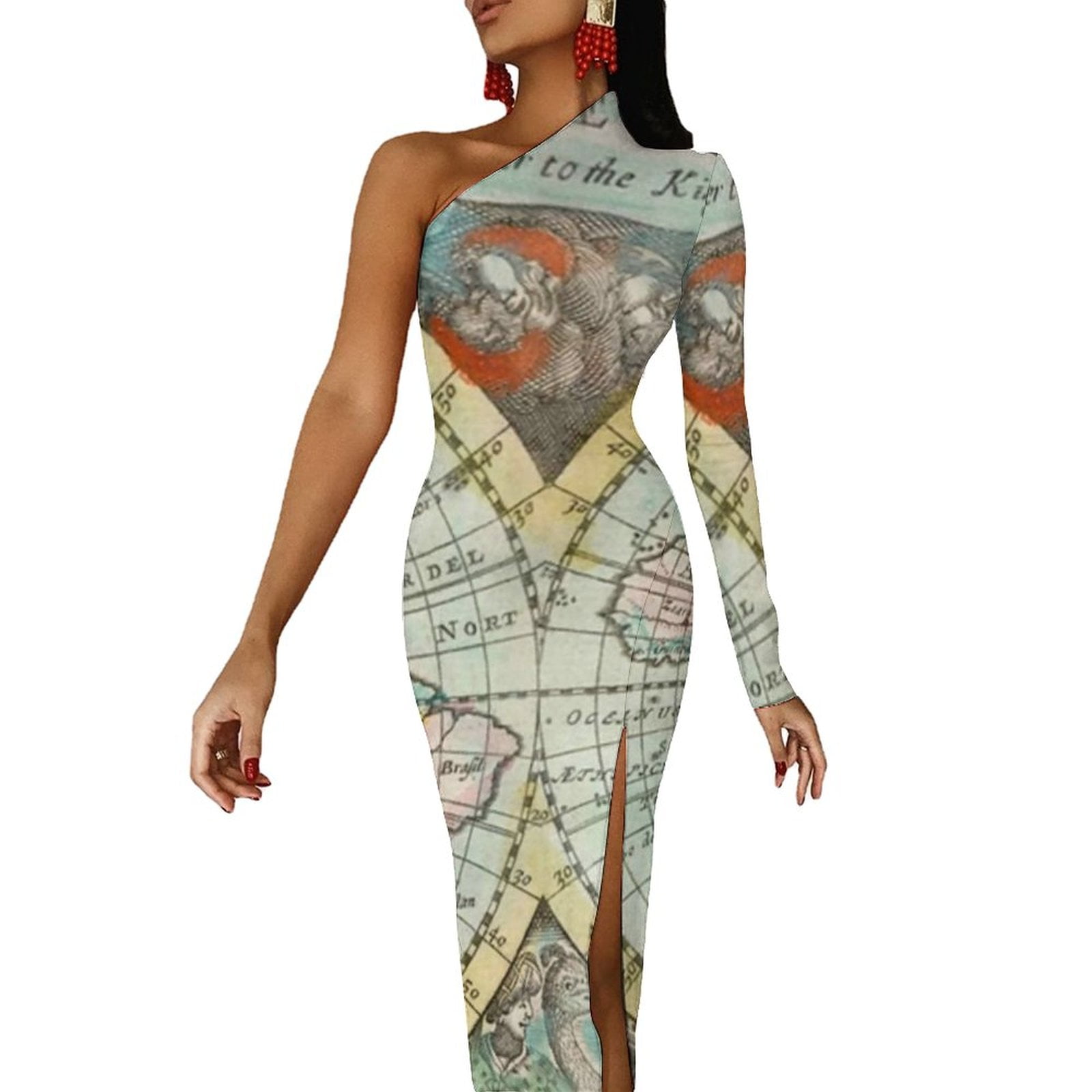 Earth Map Maxi Dress One Shoulder World Maps Print Party Bodycon ...
