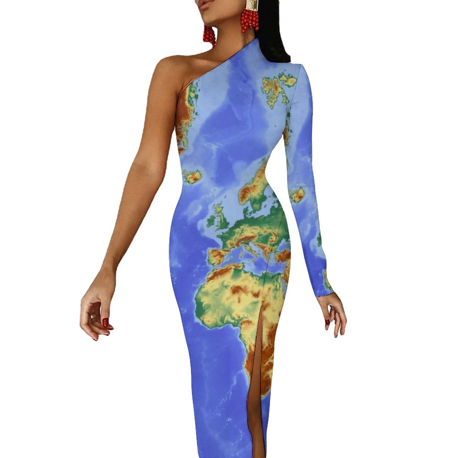 Earth Map Maxi Dress One Shoulder World Maps Print Party Bodycon ...