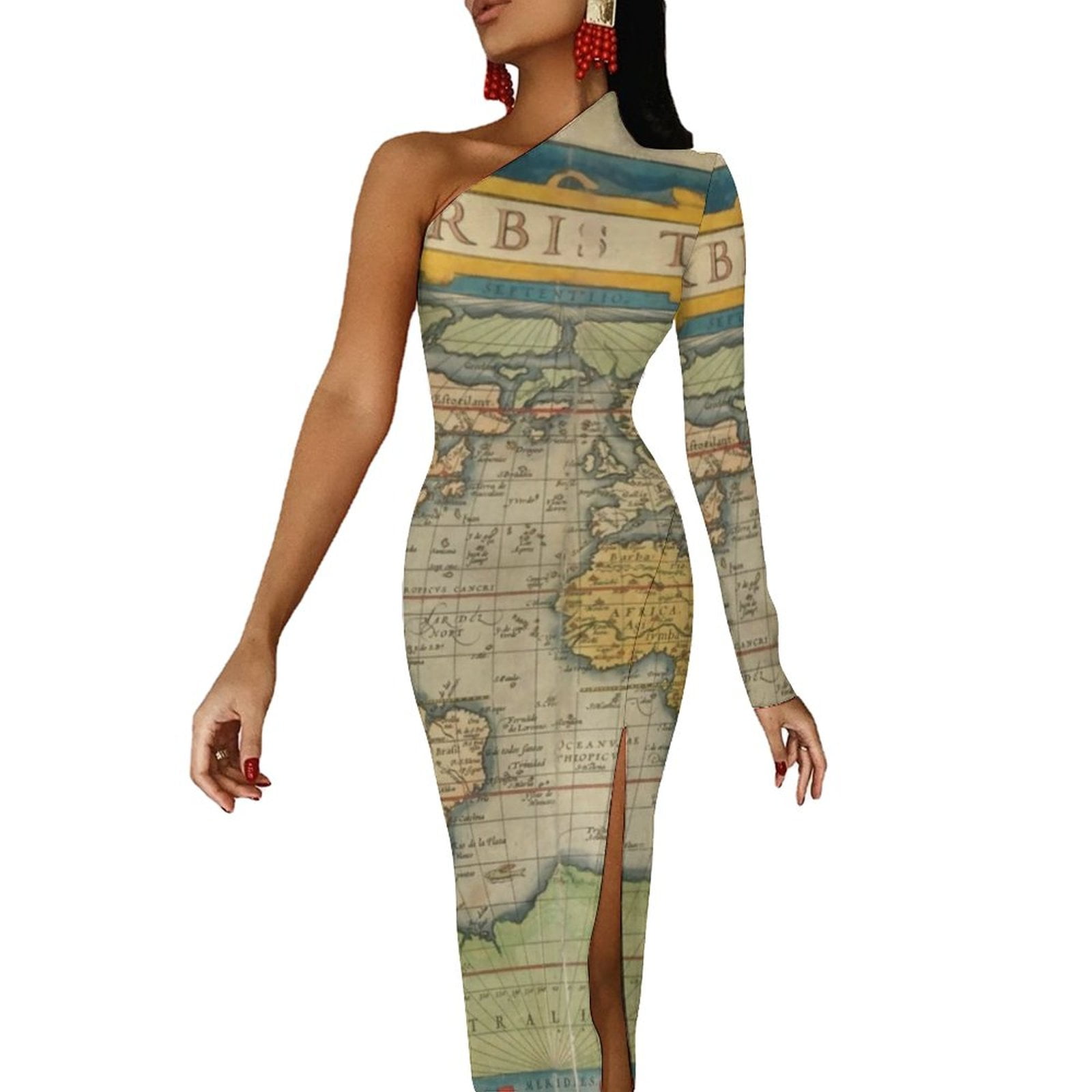 Earth Map Maxi Dress One Shoulder World Maps Print Party Bodycon ...