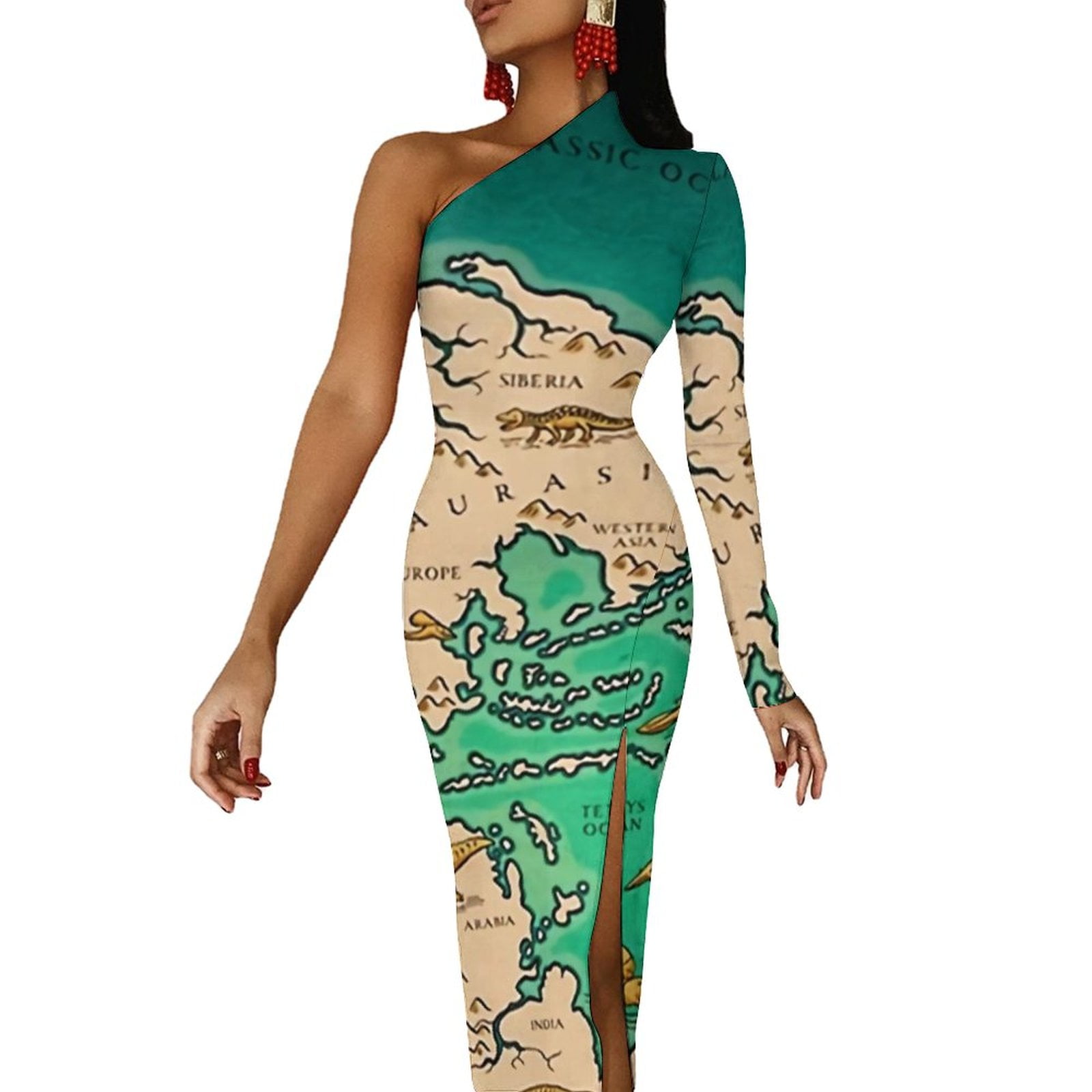 Earth Map Maxi Dress One Shoulder World Maps Print Party Bodycon ...