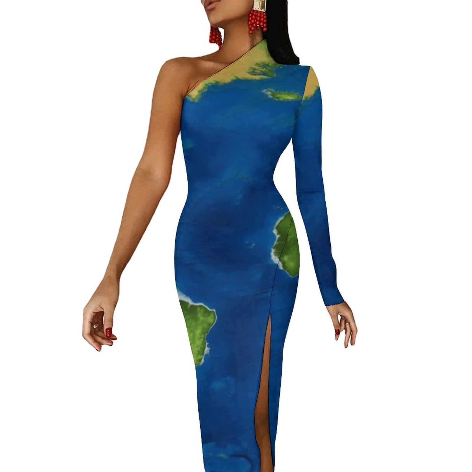 Earth Map Maxi Dress One Shoulder World Maps Print Party Bodycon ...