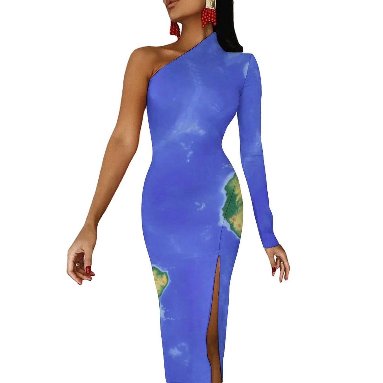 Earth Map Maxi Dress One Shoulder World Maps Print Party Bodycon ...