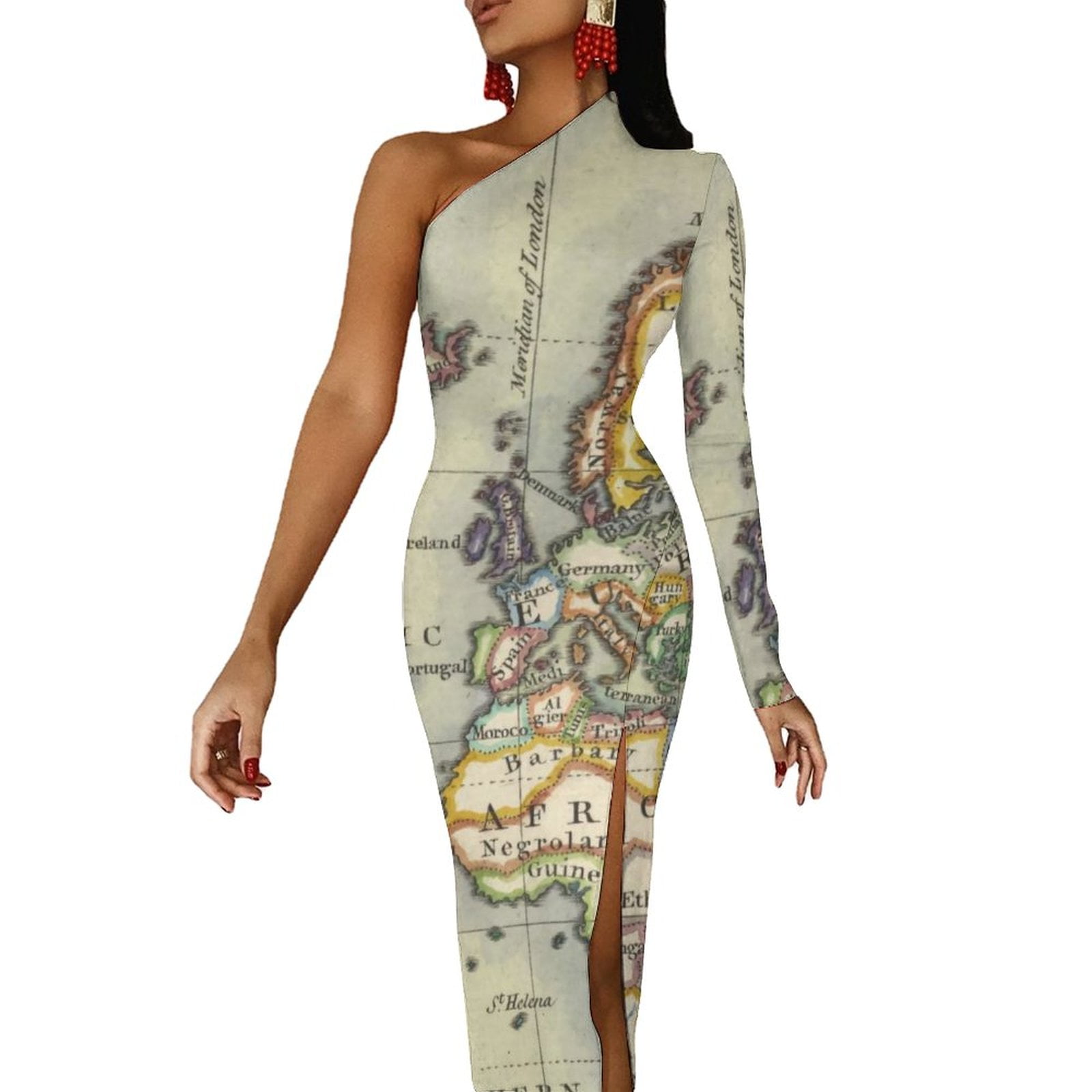 Earth Map Maxi Dress One Shoulder World Maps Print Party Bodycon ...