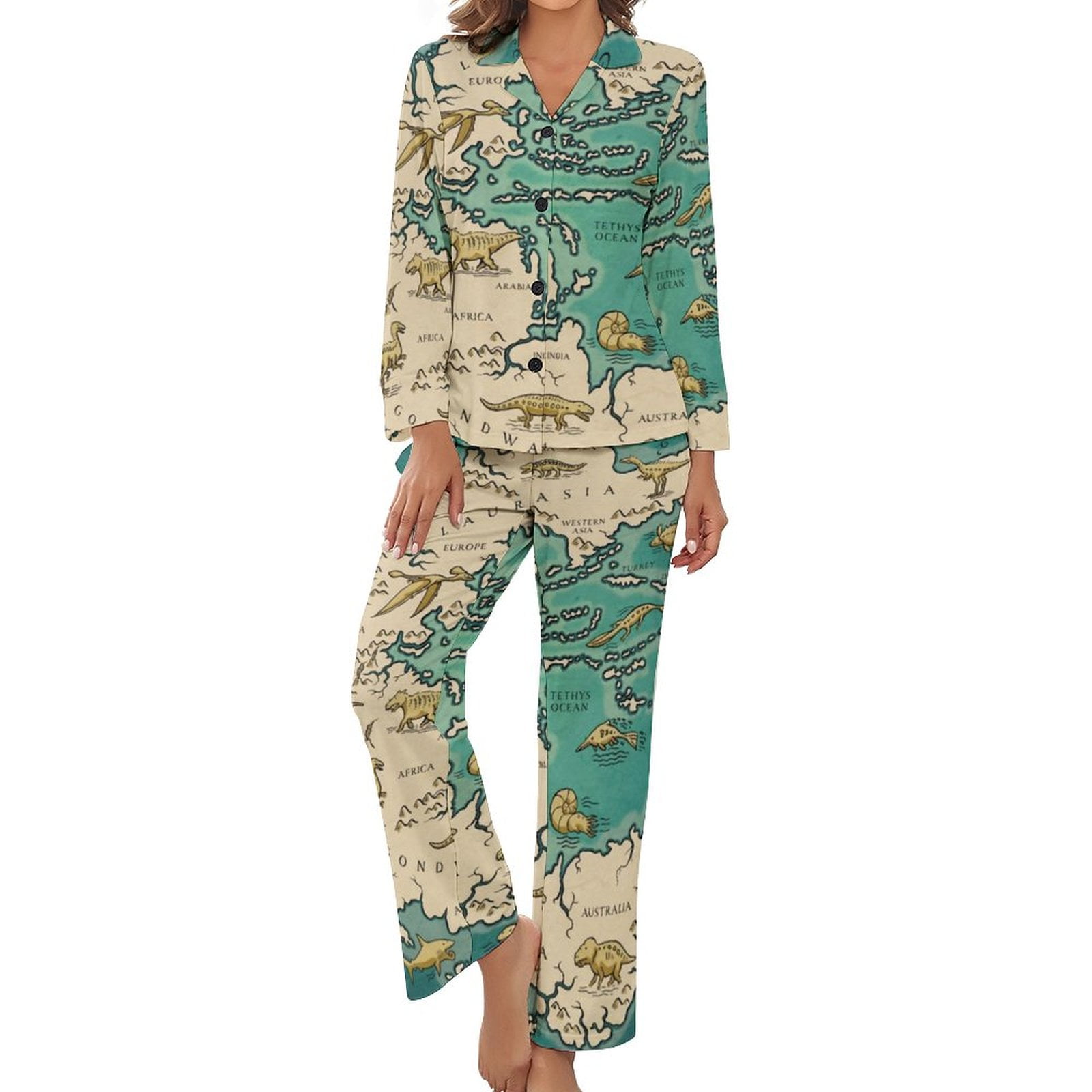 Earth Map Print Pajamas Female Vintage Map of The World Retro Nightwear ...
