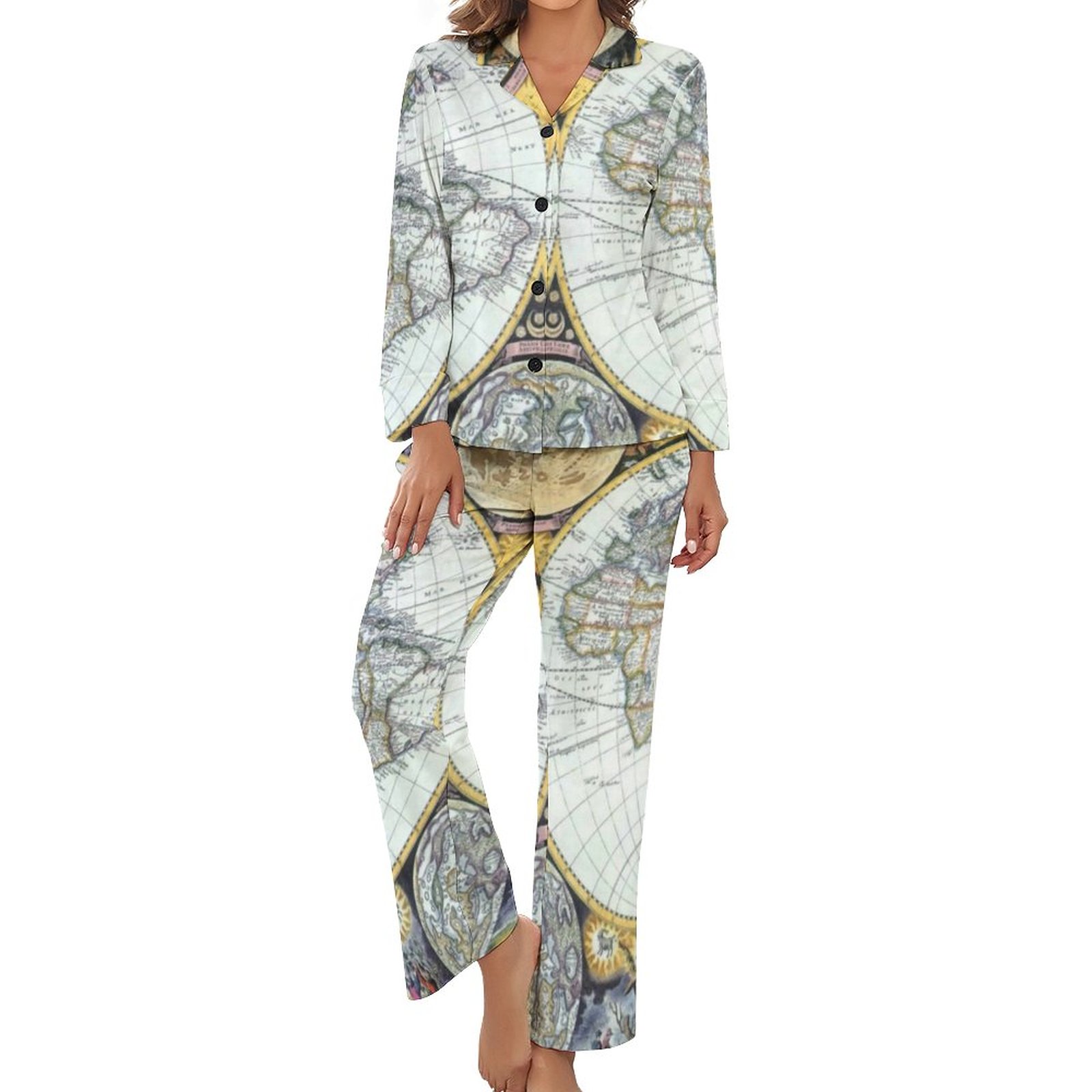 Earth Map Print Pajamas Female Vintage Map of The World Retro Nightwear ...