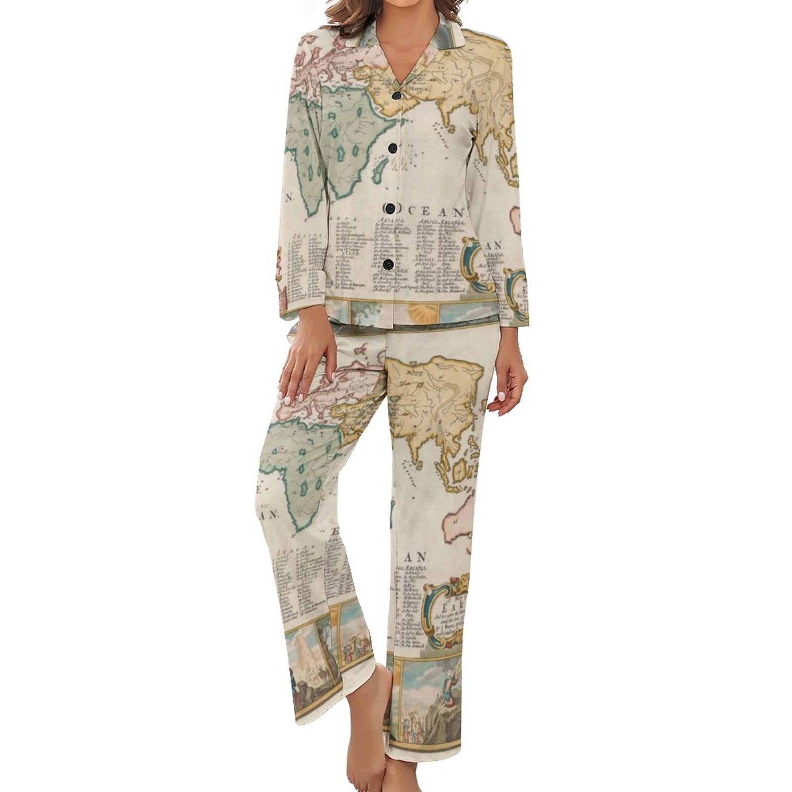 Earth Map Print Pajamas Female Vintage Map of The World Retro Nightwear ...