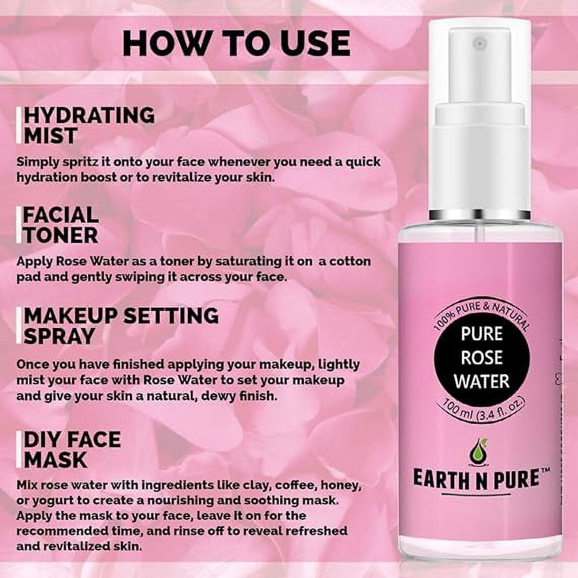 Earth N Pure 100% Natural Rose Water Distilled from Roses with Nothing ...