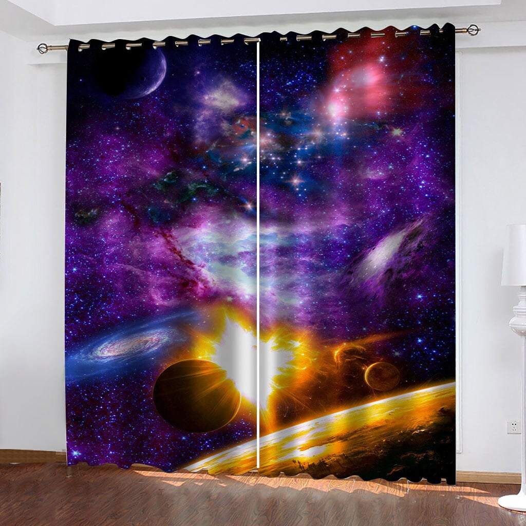 Earth Space Night Milky Way Starry Sky 2 Pieces Thin Children's Curtain ...