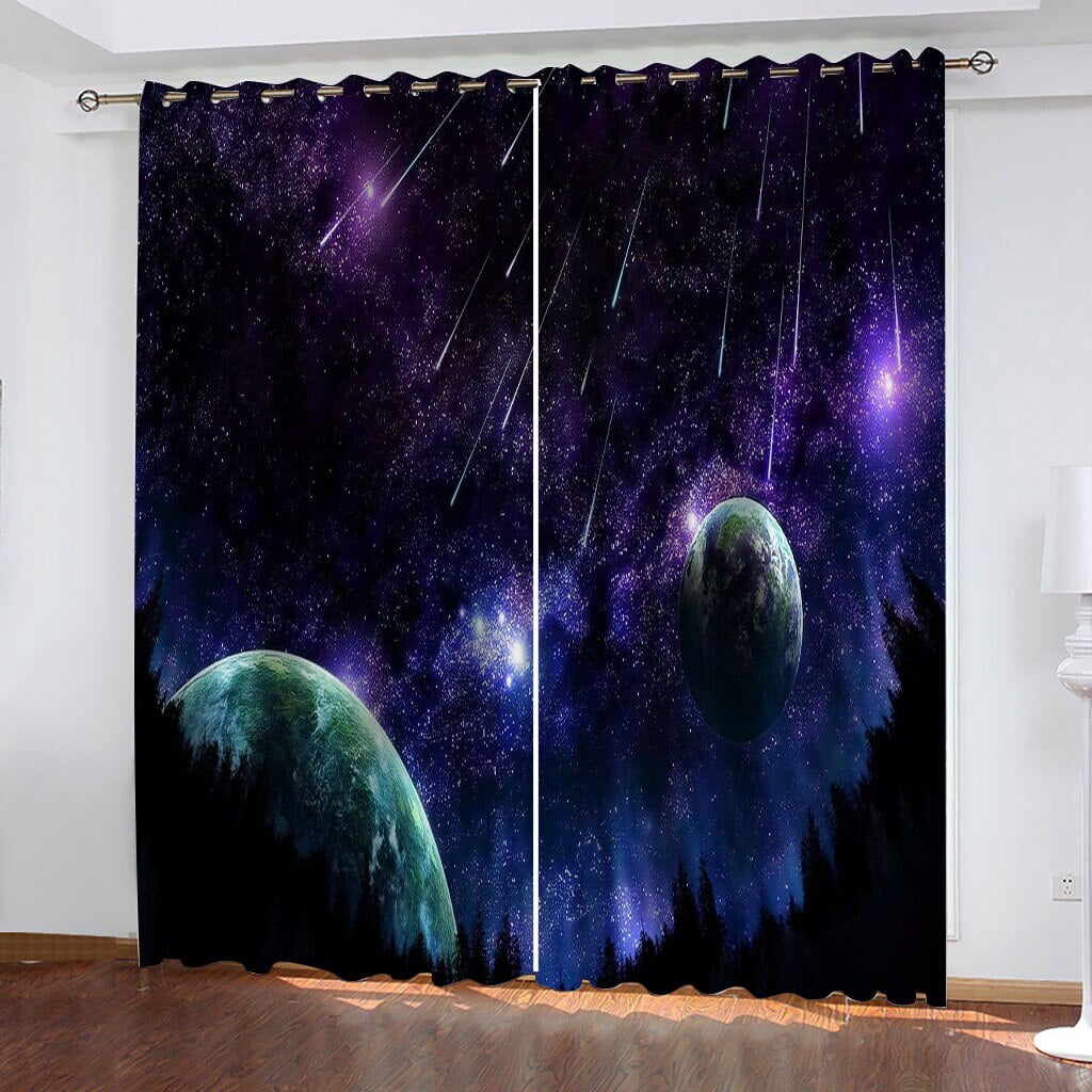 Earth Space Night Milky Way Starry Sky 2 Pieces Thin Children's Curtain ...