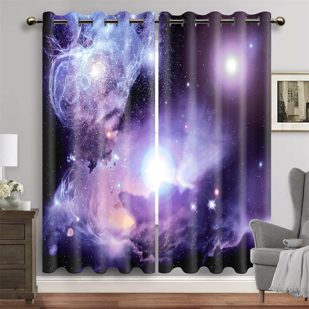 Earth Space Night Milky Way Starry Sky Printed Drape 2 Pieces Thin ...