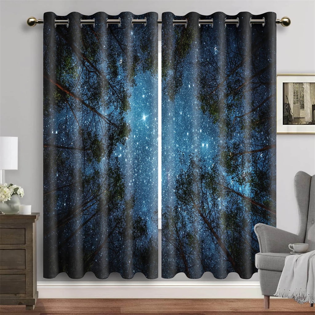 Earth Space Night Milky Way Starry Sky Printed Drape 2 Pieces Thin ...