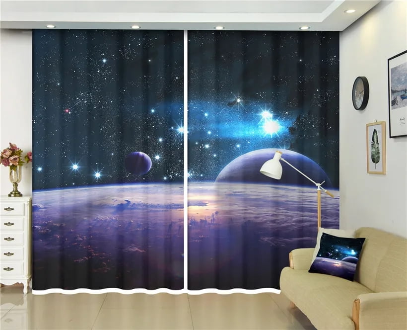 Earth Space Night Milky Way Starry Sky Printed Drape 2 Pieces Thin ...