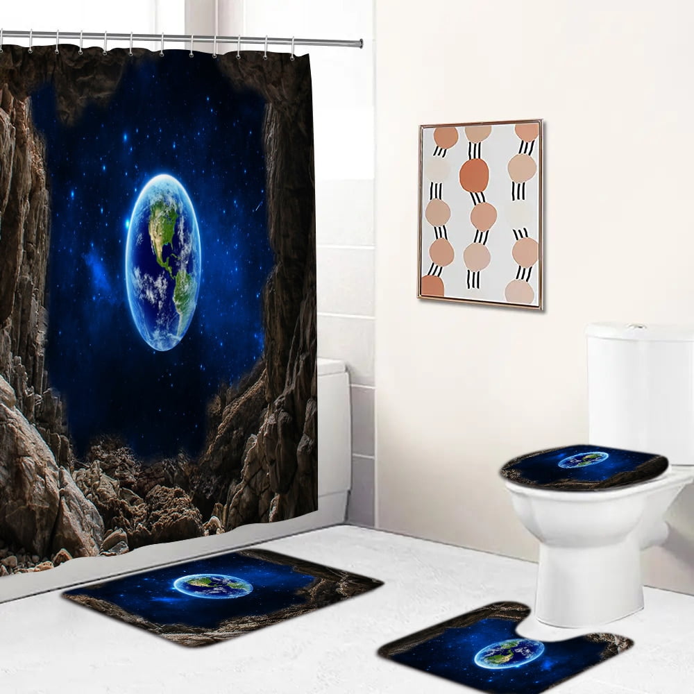 Earth Starry Universe Scery Printed Shower Curtain Set Non Slip Bath ...