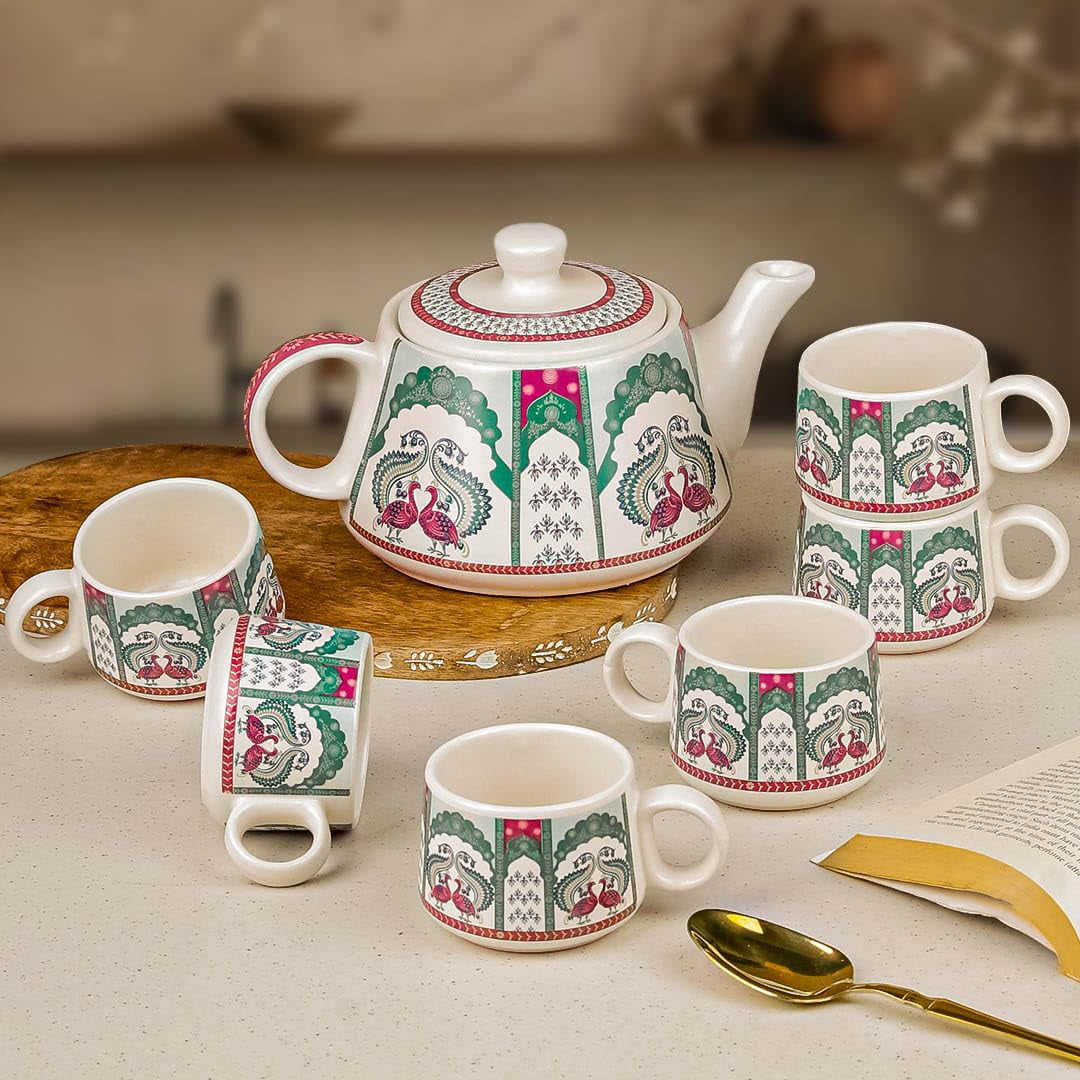 The Earth Store Peagal Handcrafted Ceramic Morning Tea Set 6 Tea Cups 1 ...