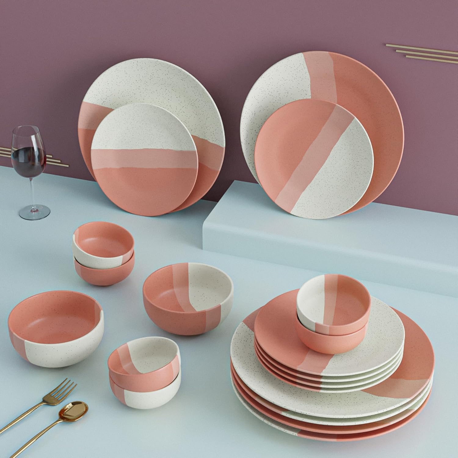 The Earth Store TT Pink Matte Ceramic Dinner Set of 20 6 Full Dinner ...