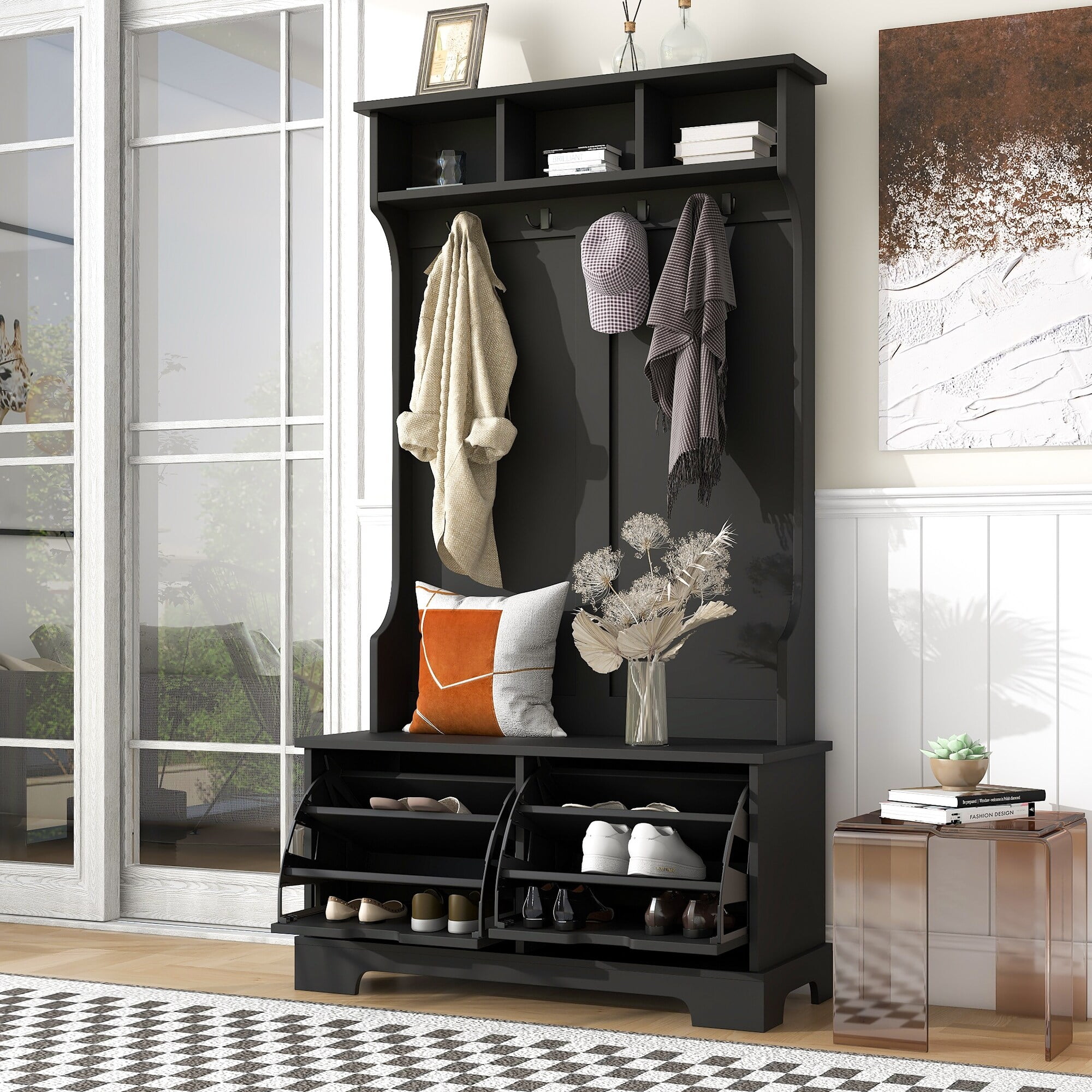 Earth & Table All in One Hall Tree with 3 Top Shelves and 2 Flip Shoe ...