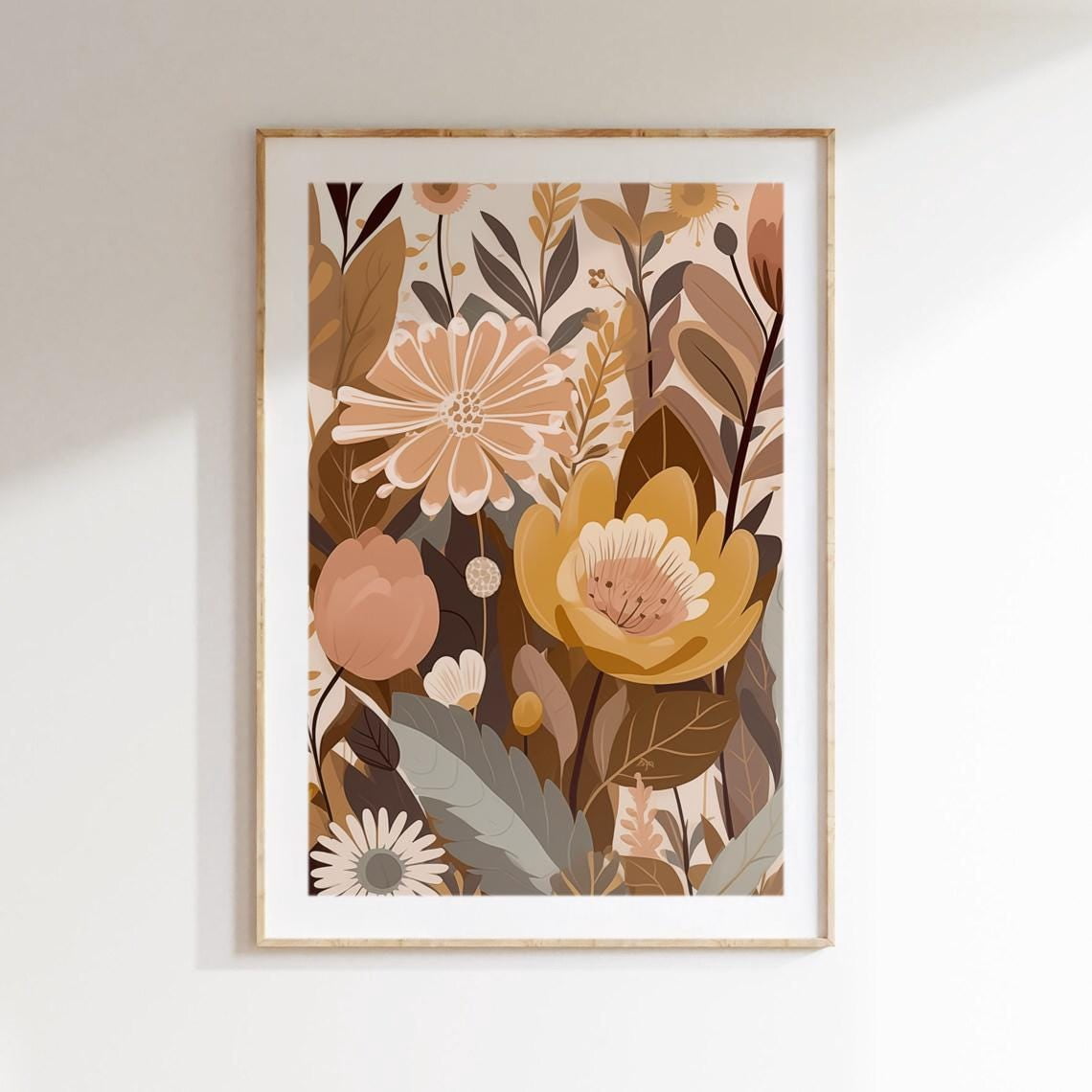 Earth Tone Floral Wall Art Boho Botanical Poster In Mustard Beige And ...