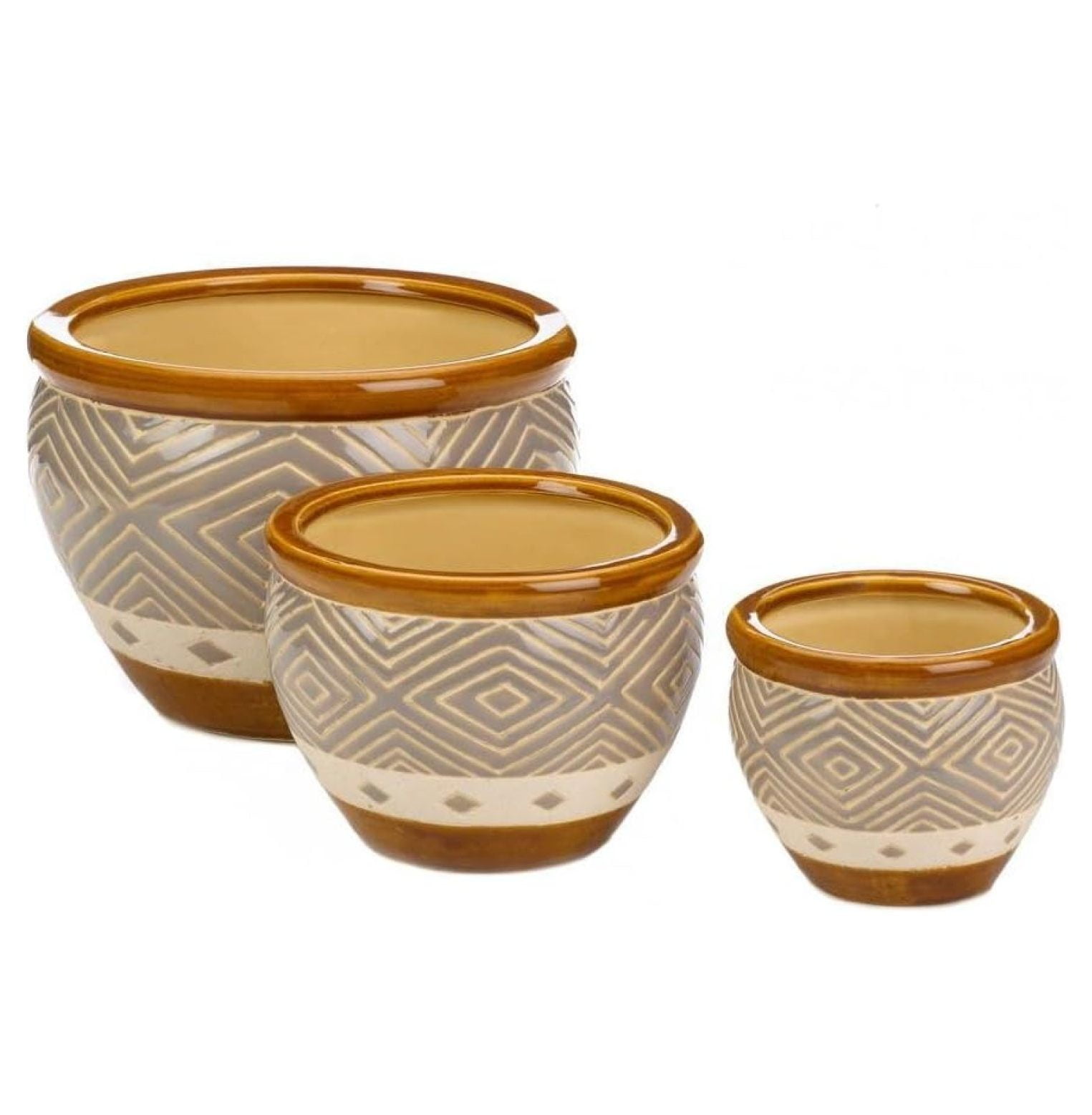 Earth Tone Trim Planter Trio Set of 3 Indoor Outdoor Ceramic Flower ...