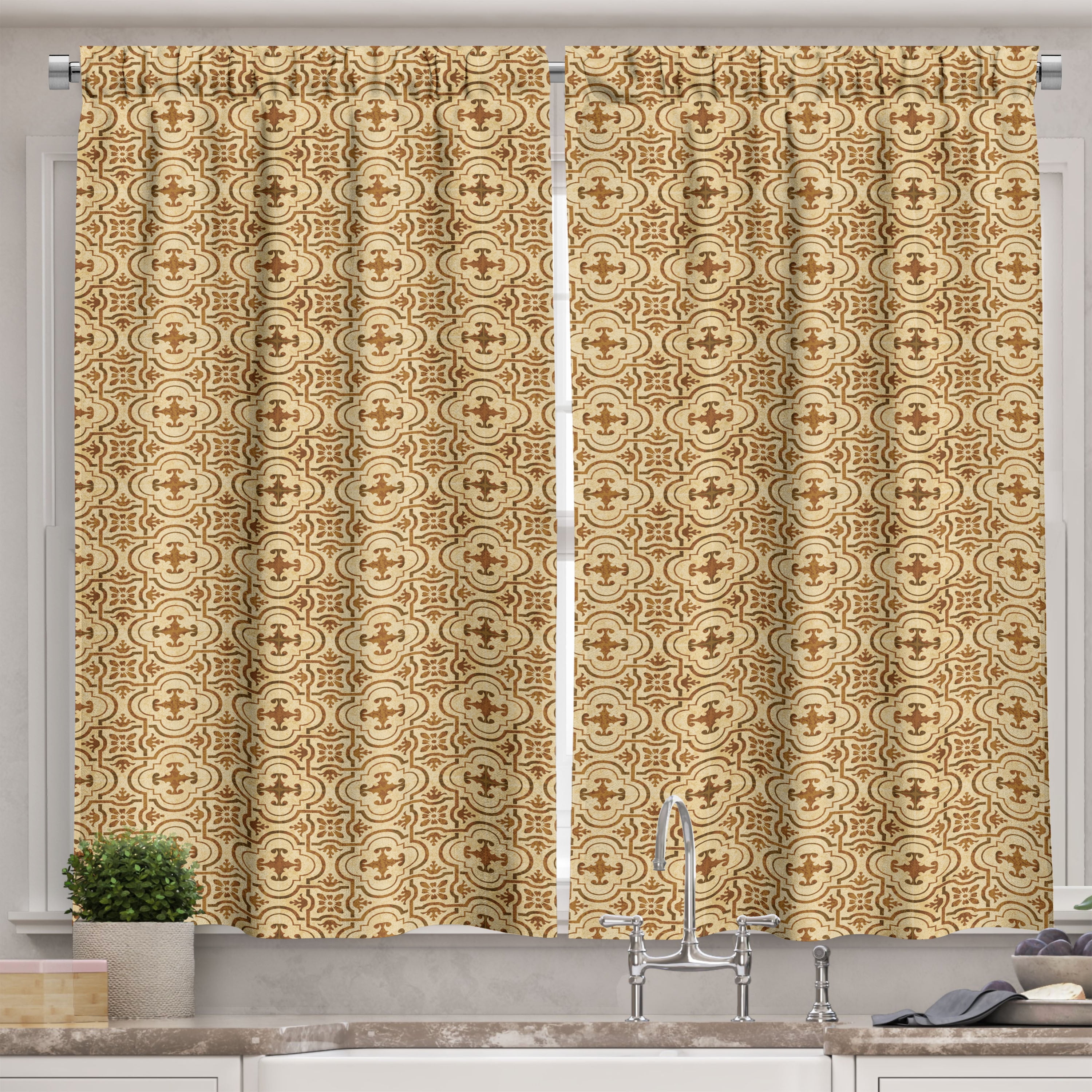 Earth Tones Curtains 2 Panels Set, Old Fashioned Damask Style Curved ...